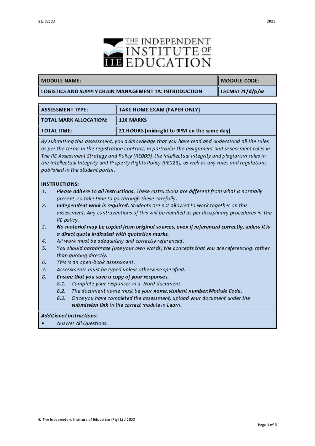 LSCM5121E: Logistics & Supply Chain Management 1A - Past Exam Paper ...