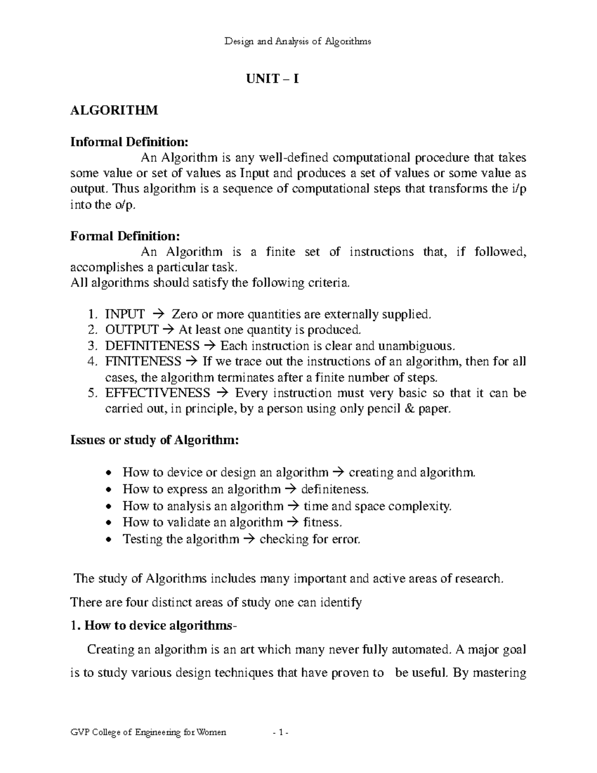 DAA UNIT-1: Lecture Notes on Design and Analysis of Algorithms - Studocu