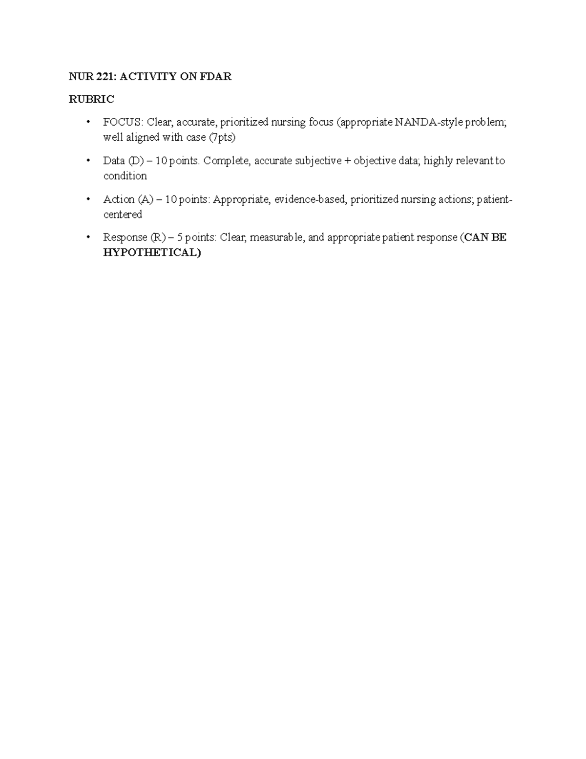 NUR 221: FDAR Rubric Activity - Nursing Focus on Patient Cases - Studocu