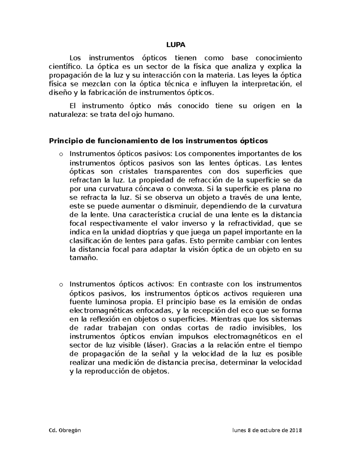 Resumen de la Lupa: Instrumentos y Propiedades Ópticas - Studocu
