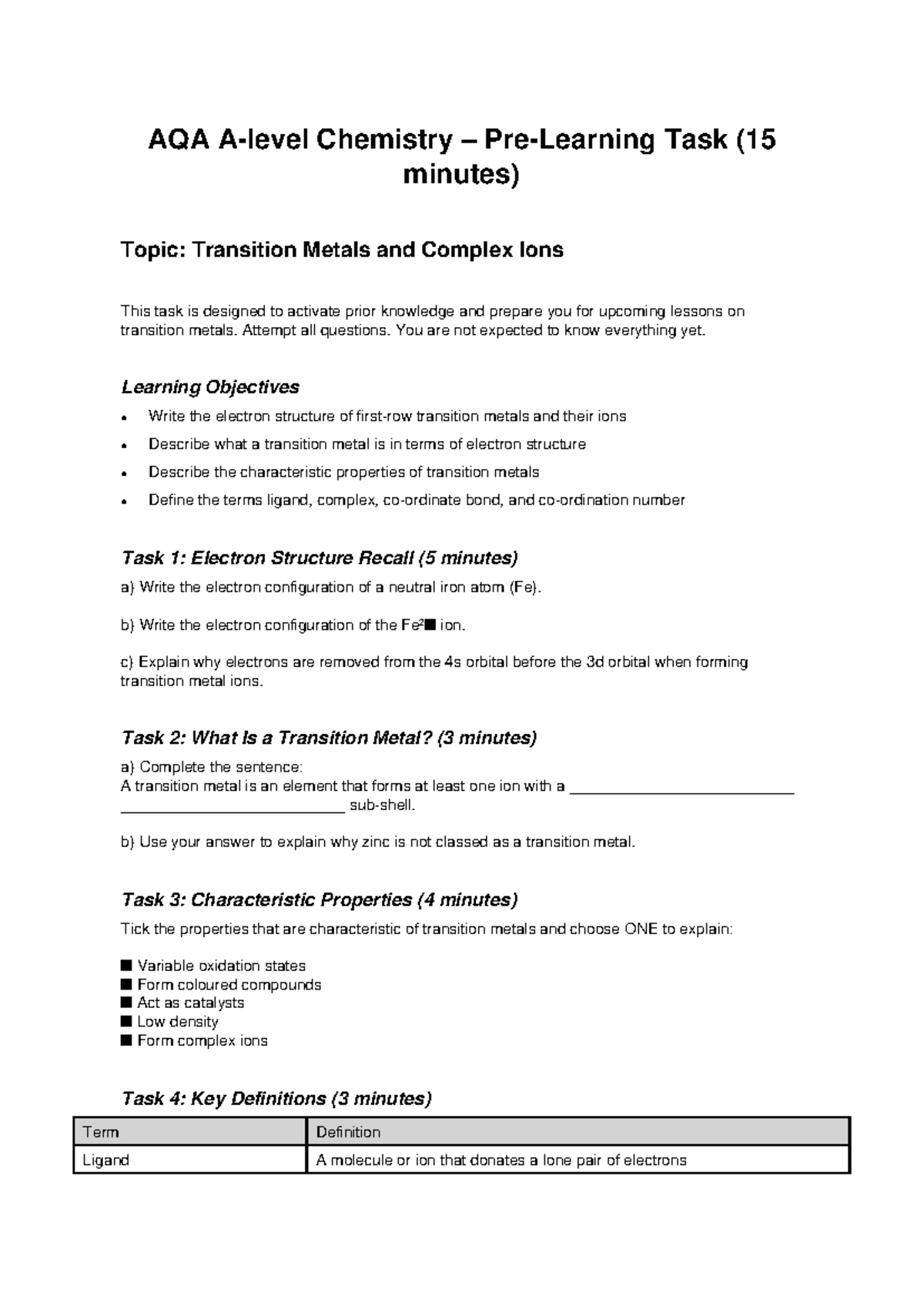AQA A-Level Chemistry Pre-Learning Task: Transition Metals & Complex ...