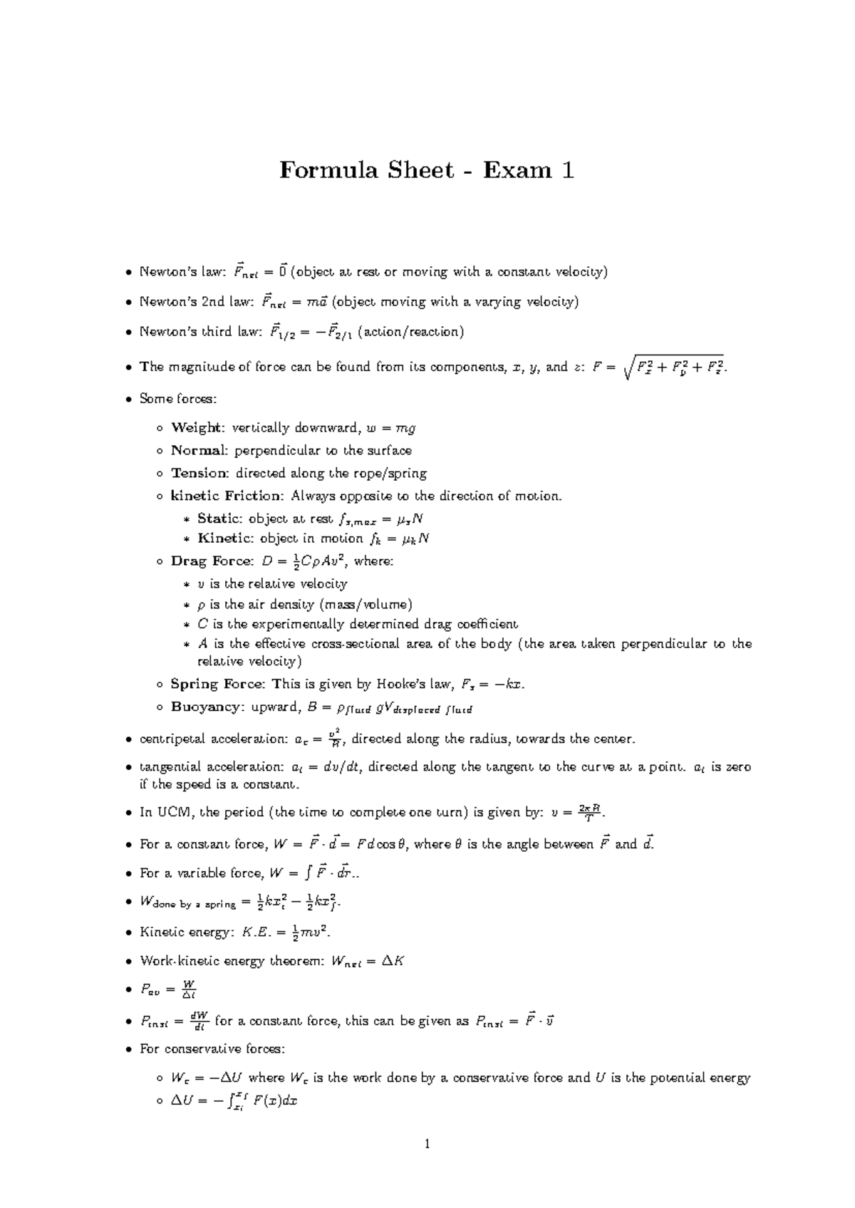 Formula Sheet: Physics Exam 1 - Laws of Motion and Forces - Studocu