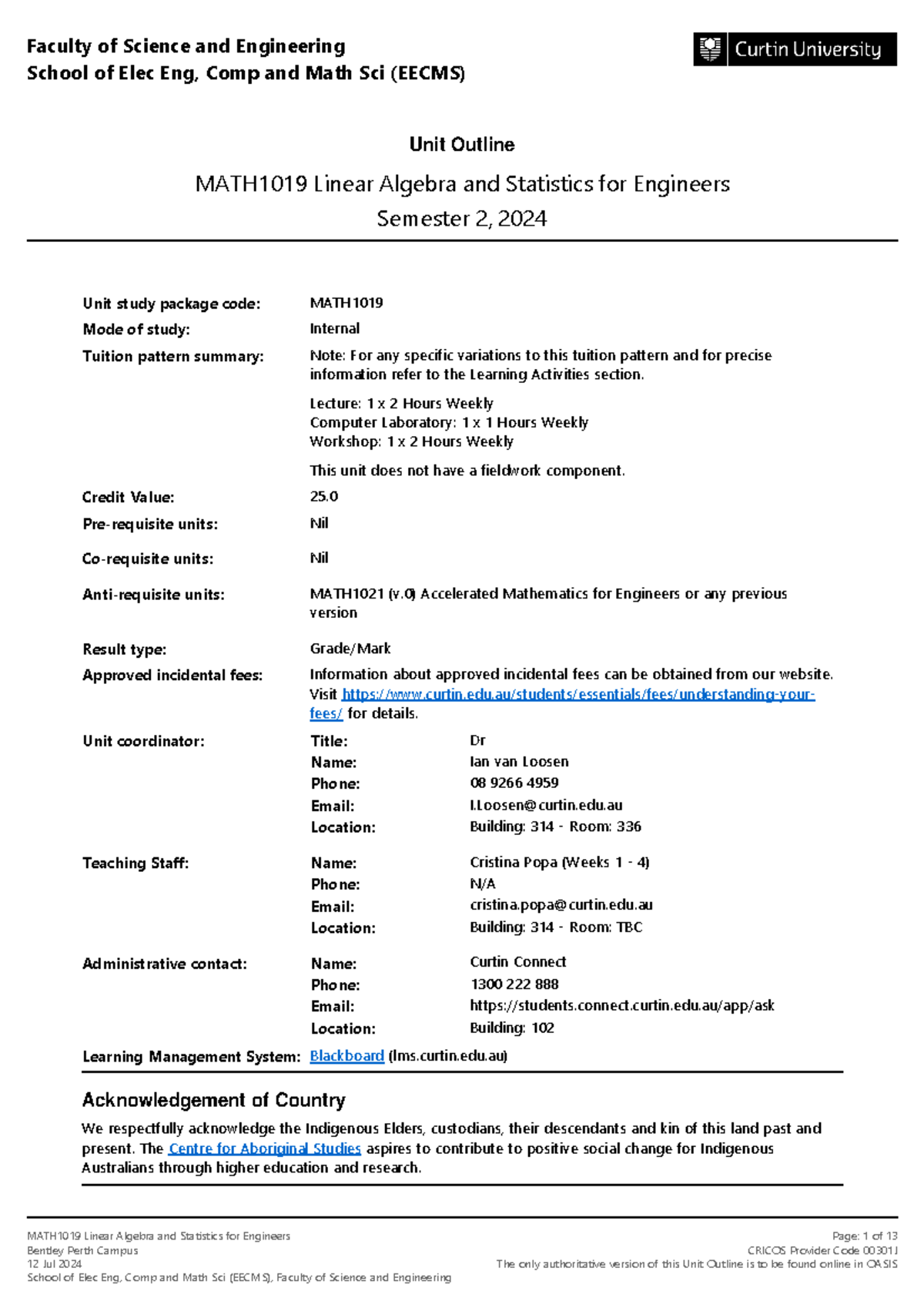 MATH1019 Unit Outline: Linear Algebra & Statistics for Engineers Sem 2 ...