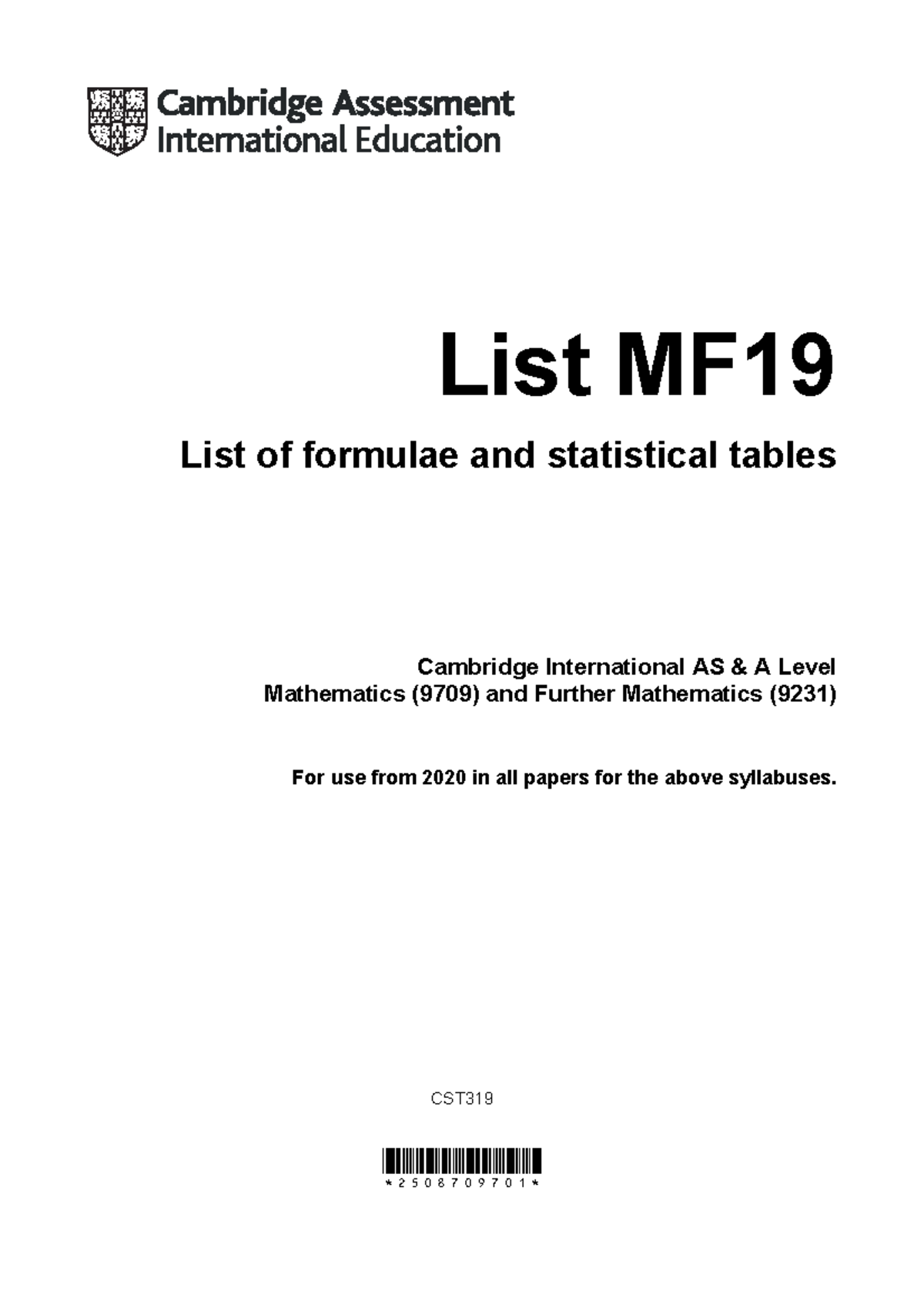 CIE Maths (9709 & 9231) Formula Sheet for AS/A Level 2020 - Studocu