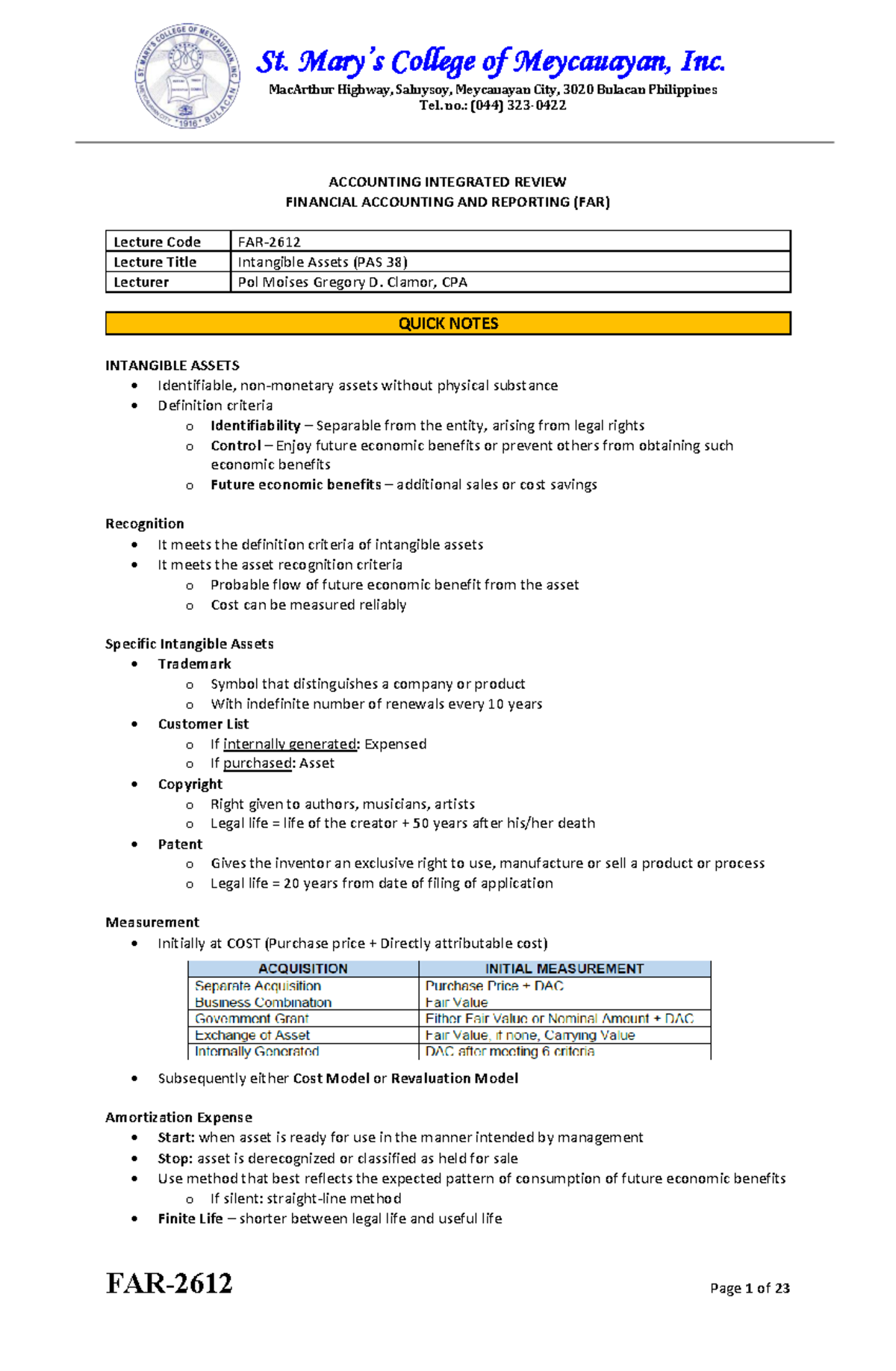 FAR-2612 - Quick Notes on Intangible Assets (PAS 38) Lecture - Studocu