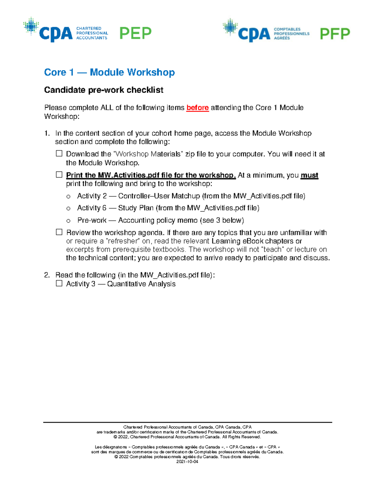 Core 1 Module Workshop: Pre-Work Checklist & Memo Guidelines - Studocu
