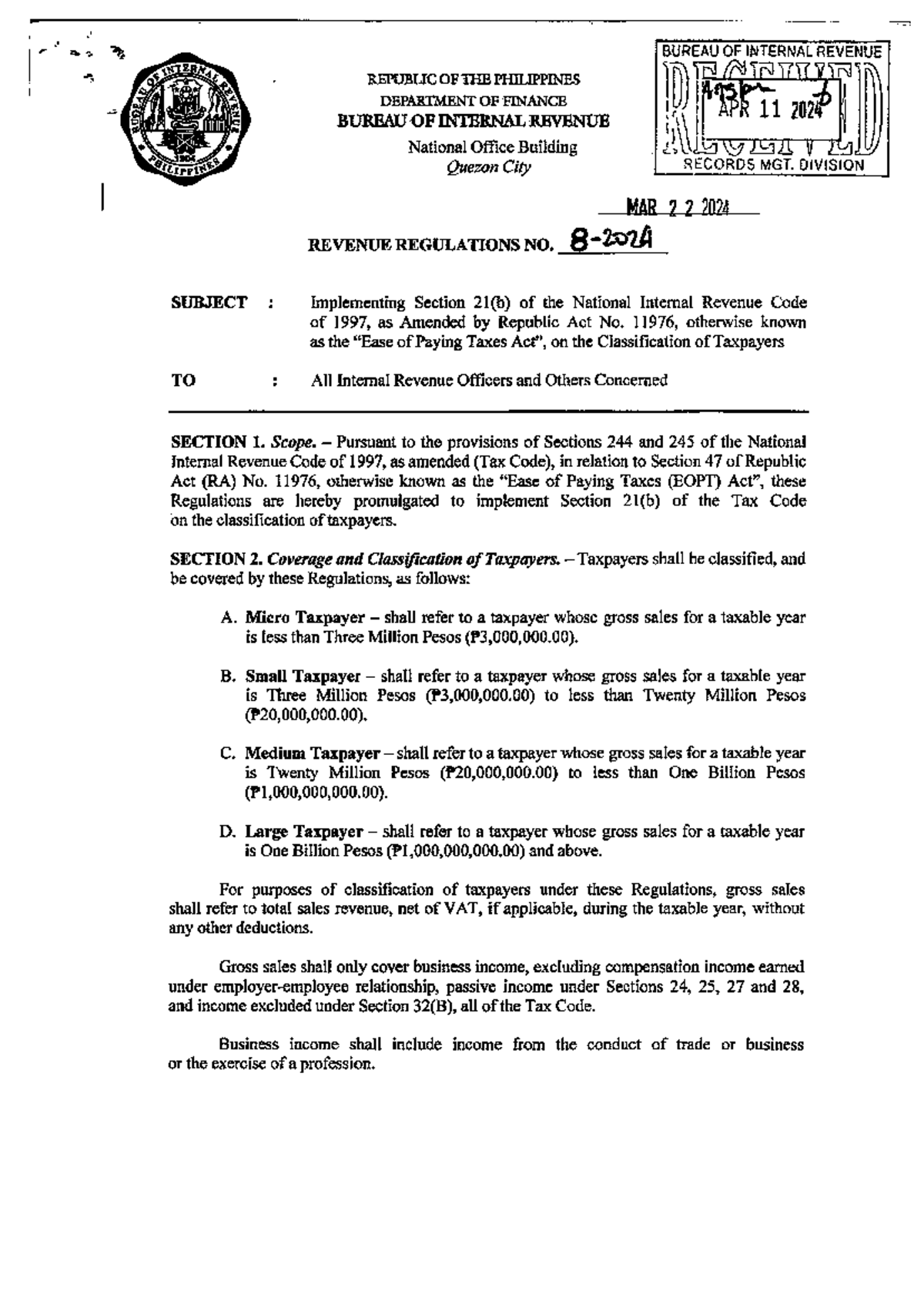 RR No. 8- 2024 (EOPT Classification of taxpayers) - BUREAU OF INTERNAL ...