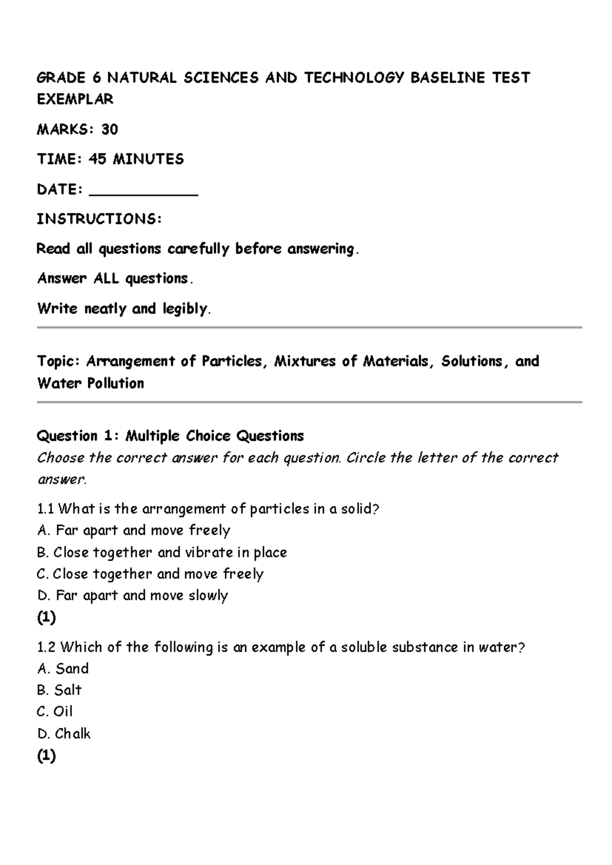 Grade 6 Natural Sciences & Tech Baseline Test Exemplar 2025 - Studocu