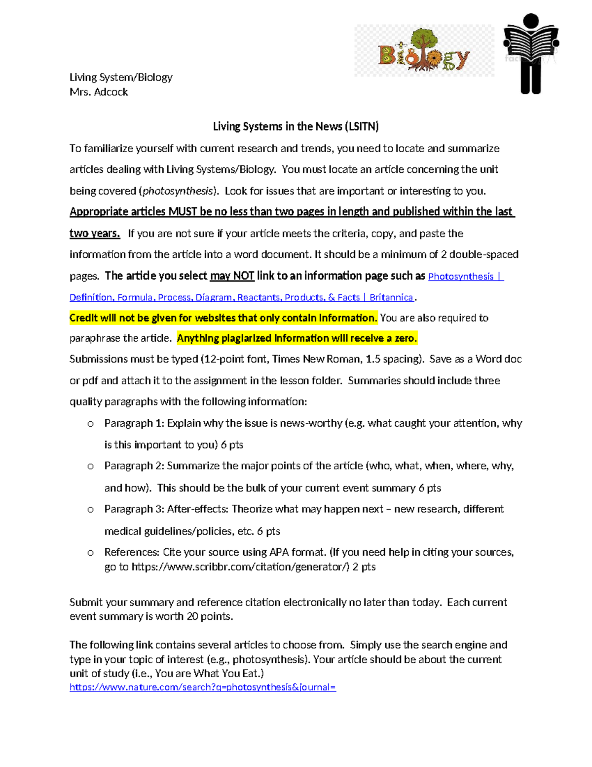 Lsitn - students must complete a current event on the topic being ...