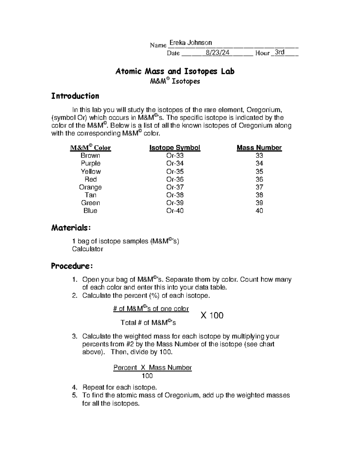 M&M Atomic Mass Lab: Isotopes of Oregonium Analysis - Studocu