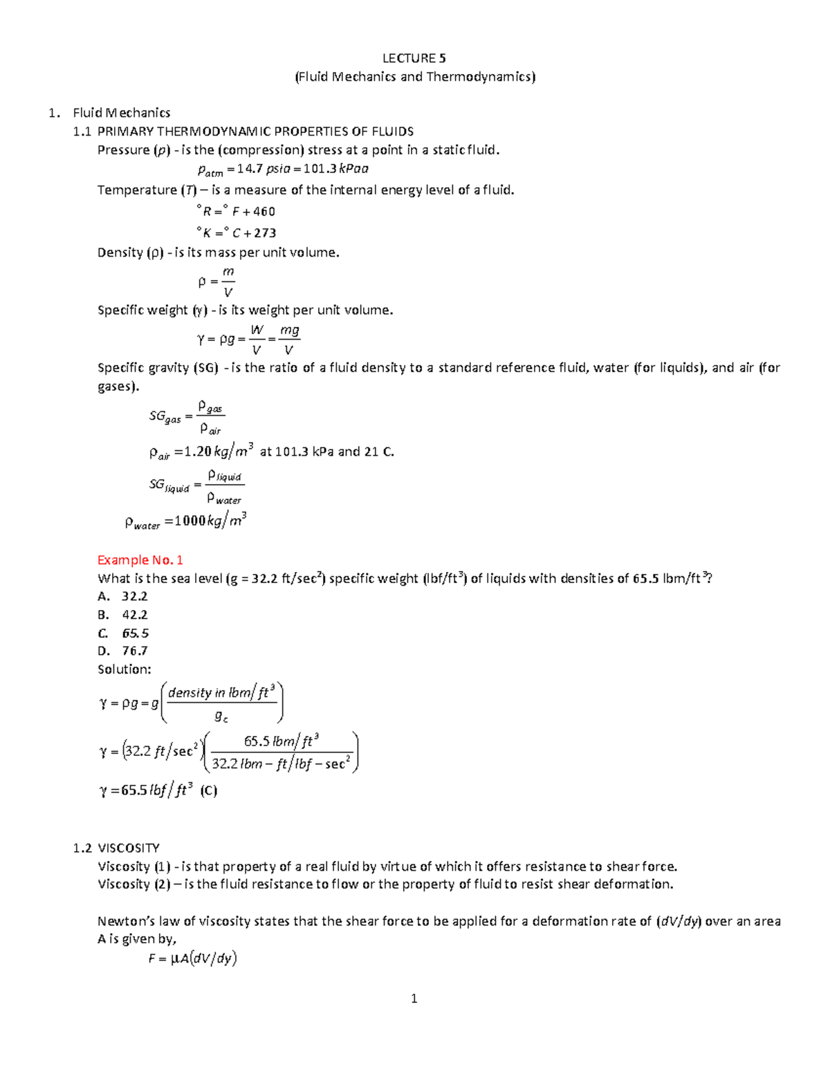 Lecture 5 fluid mechanics - ####### LECTURE 5 (Fluid Mechanics and ...