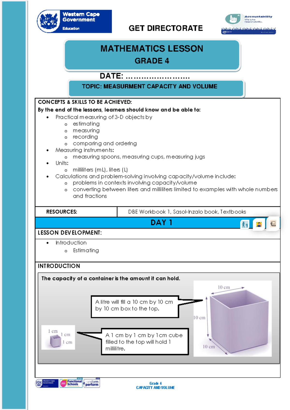 Lesson Plan Gr 4 Mathematics: Capacity & Volume Concepts - Studocu