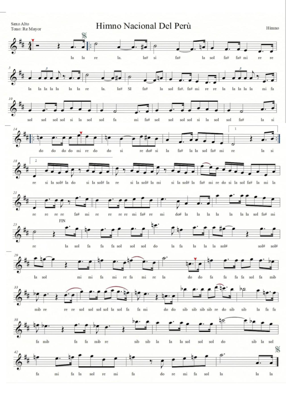 Himno Nacional del Perú - Notas Musicales (Saxo Alto) - Studocu