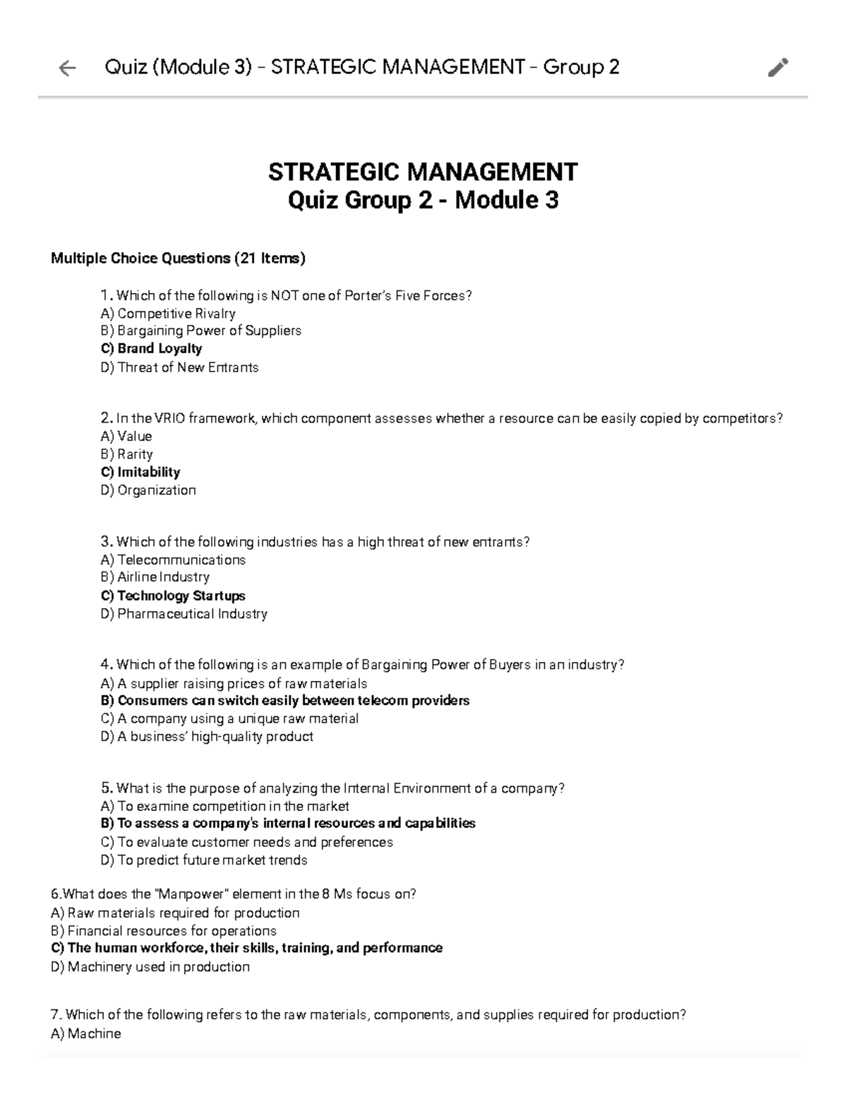 Quiz (Module 3) STRATEGIC MANAGEMENT Group 2 Multiple Choice Questions - Studocu