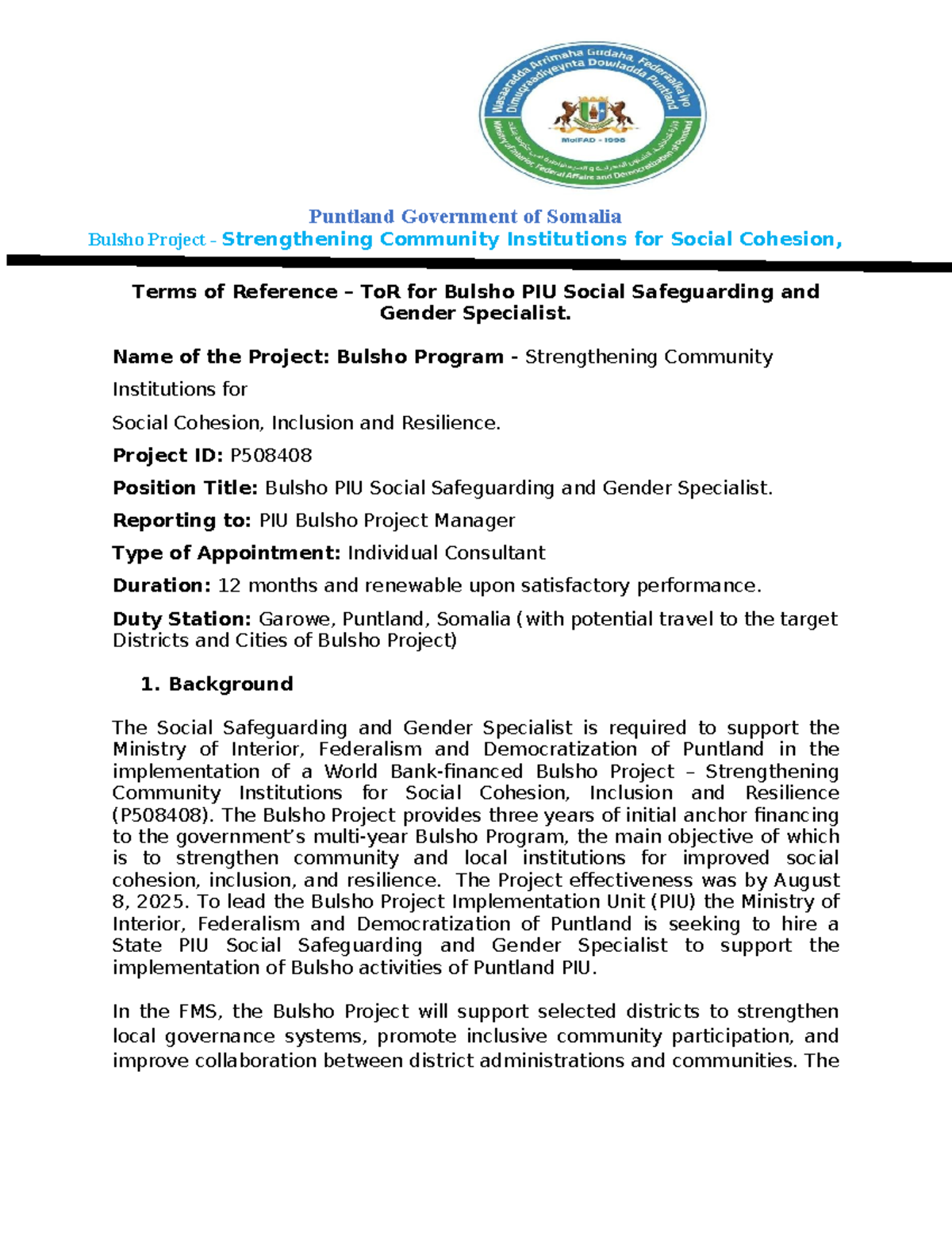P508408 Bulsho Project: ToR for Social Safeguarding & Gender Specialist ...