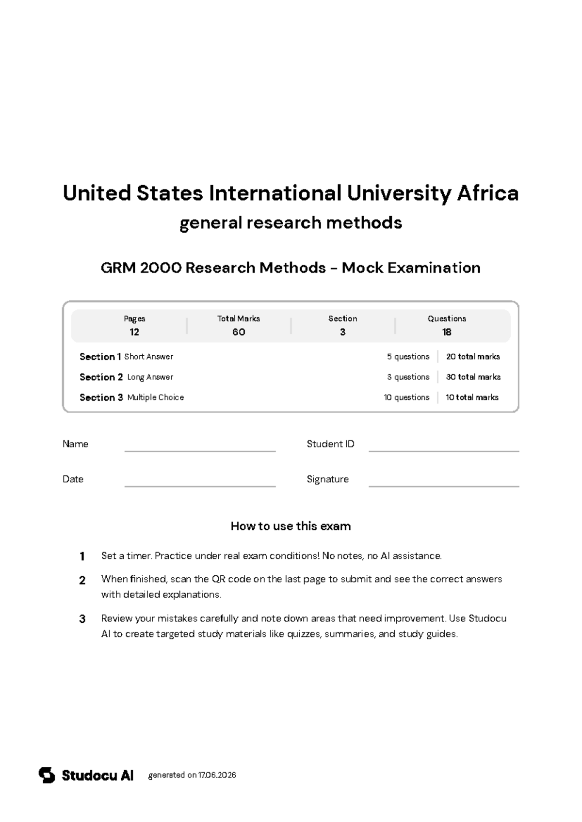 GRM 2000 Research Methods - Mock Exam - Studocu