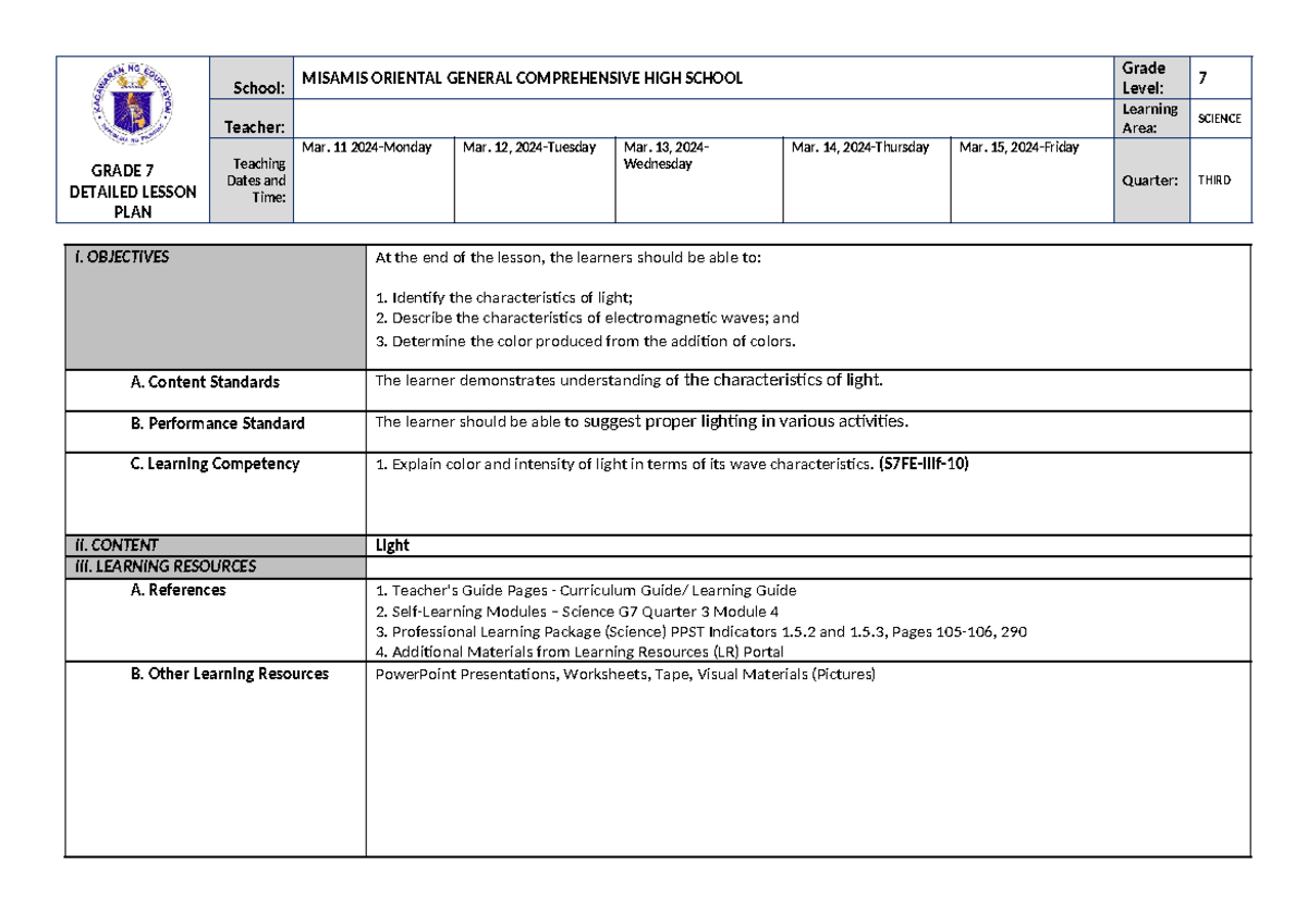 Detailed Lesson Plan - Light - GRADE 7 DETAILED LESSON PLAN School ...