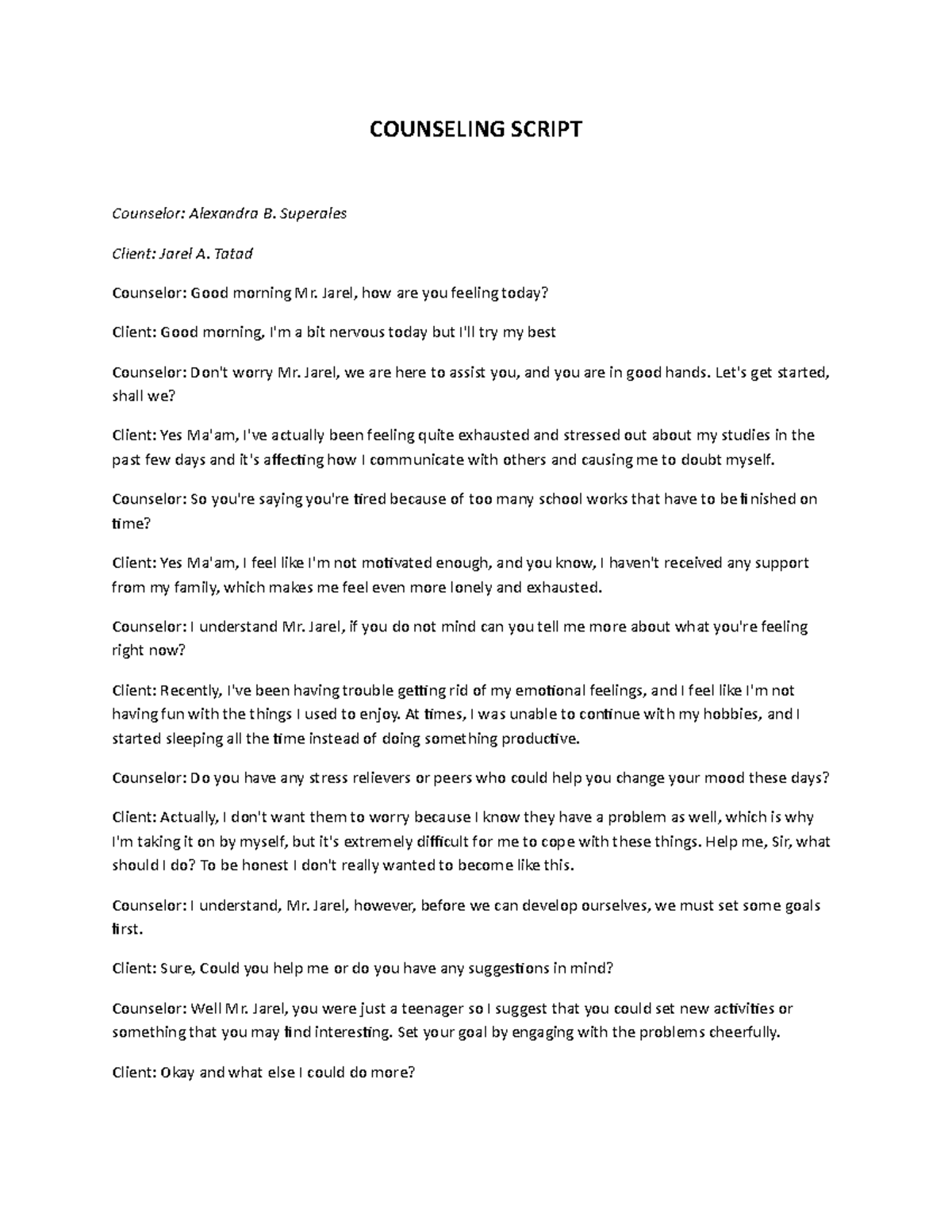 Counseling Script for Student Support: Strategies & Goals - Studocu