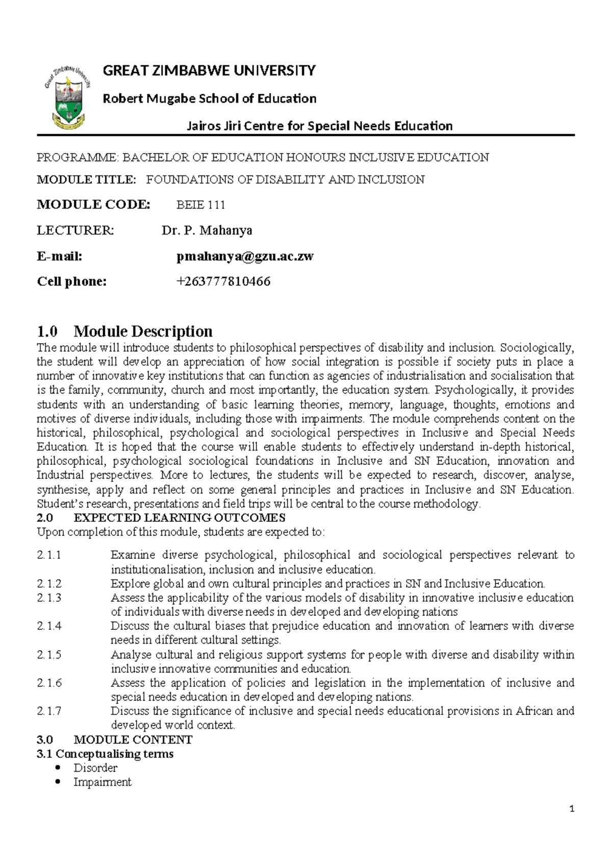Foundations of Disability and Inclusion - Module BEIE 111 Notes - Studocu