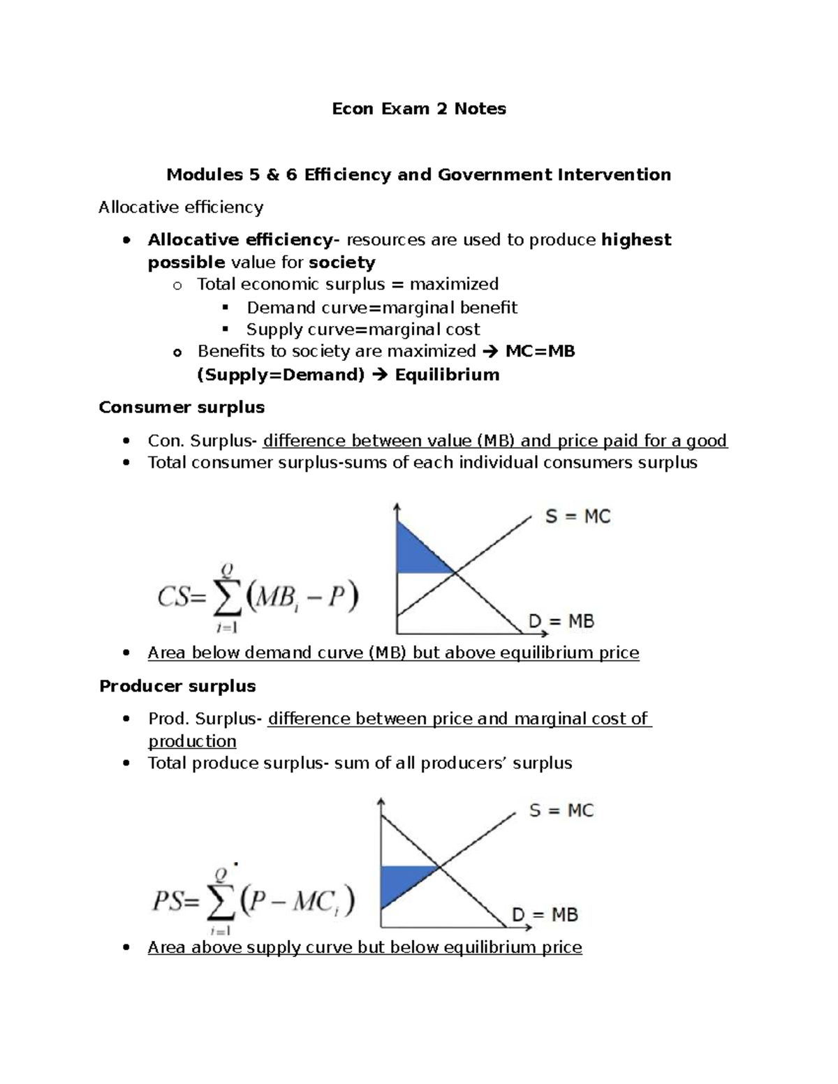 Econ 102 Final Exam Notes: Efficiency, Gov Intervention & Externalities ...