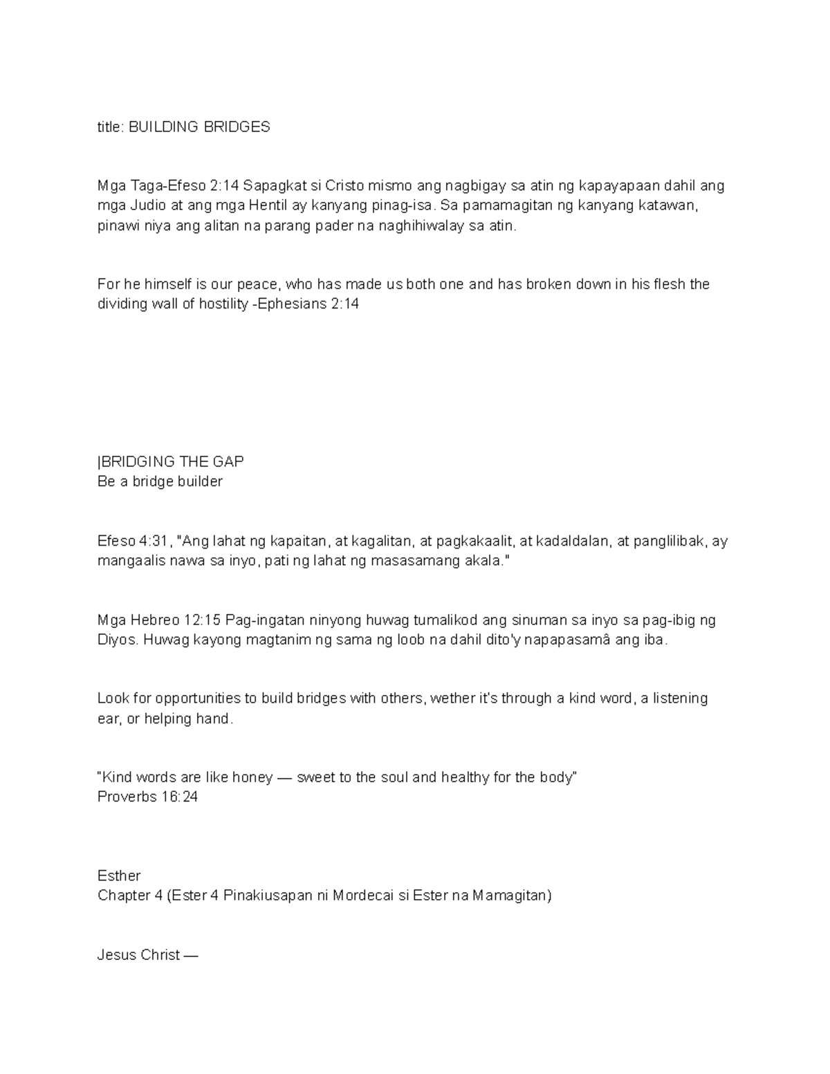 Building Bridges: Sharing the Word with All People (Mga 2:14) - Studocu