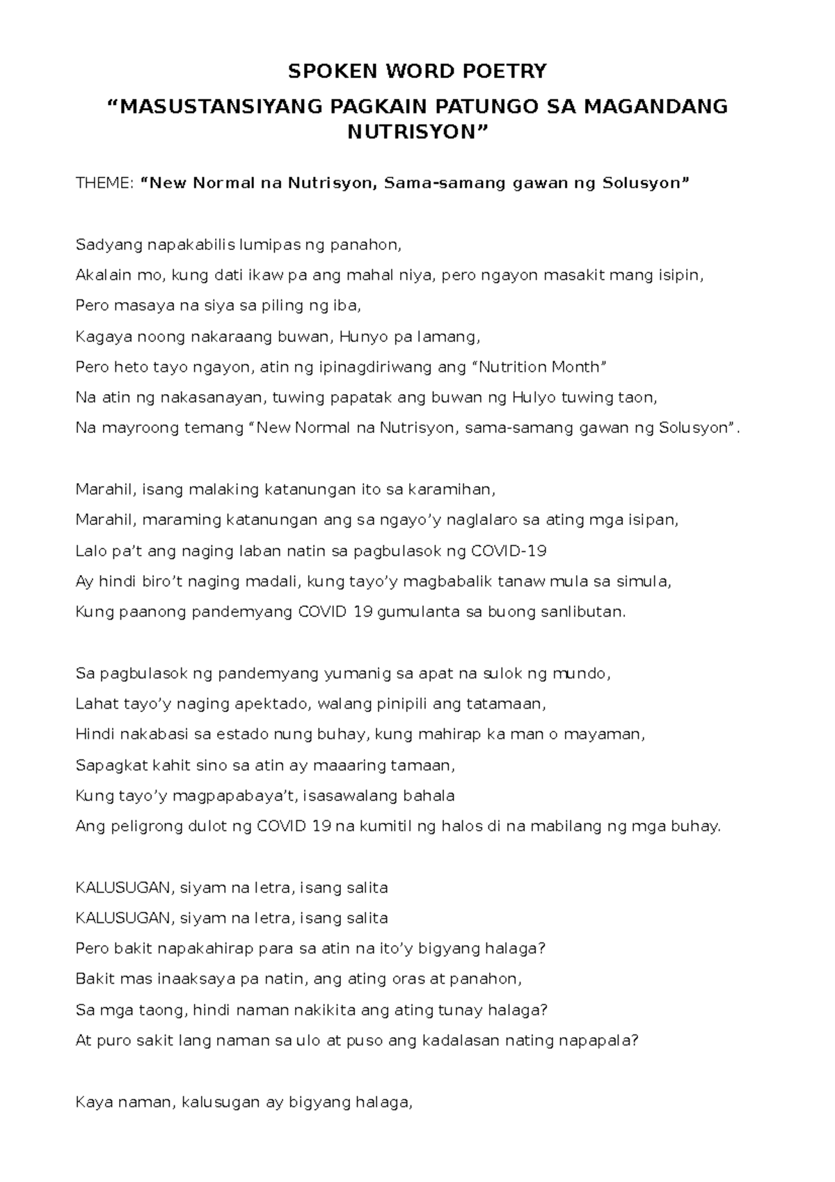 Spoken WORD Poetry: Nutrisyon sa "New Normal" - Nutrition Month Essay ...
