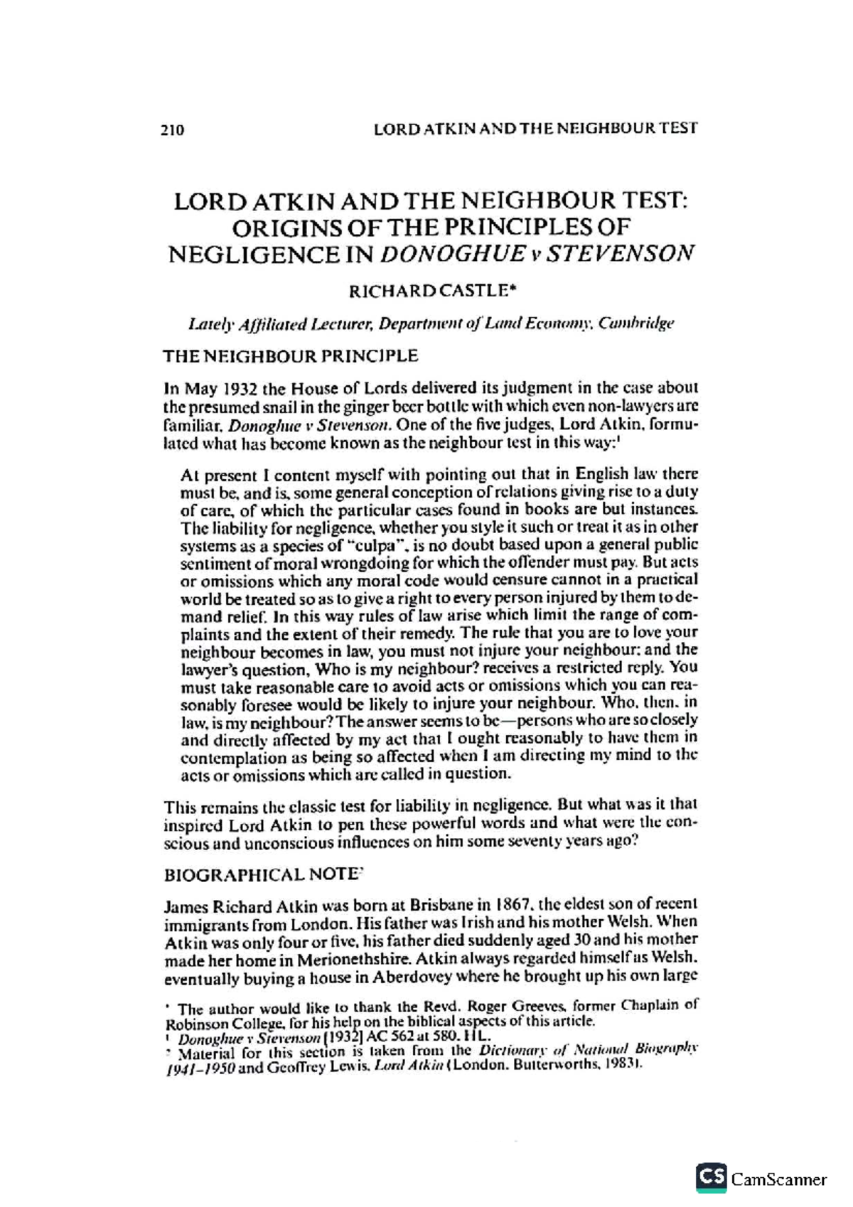 210 LORD ATKIN AND THE NEIGHBOUR TEST: NEGLIGENCE IN DONOGHUE v ...