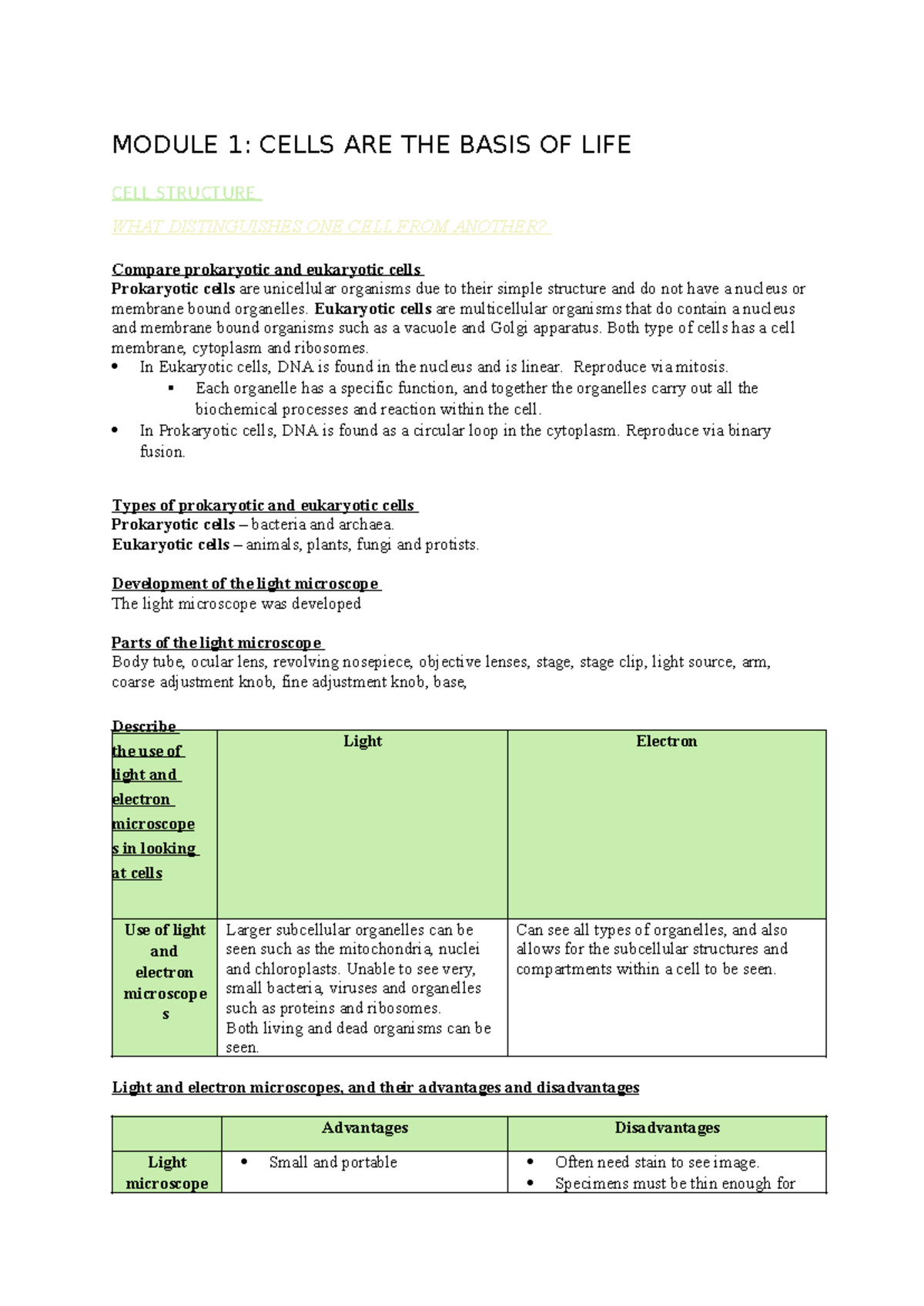 Bio Module 1: Cell Structure, Function, and Transport Mechanisms - Studocu