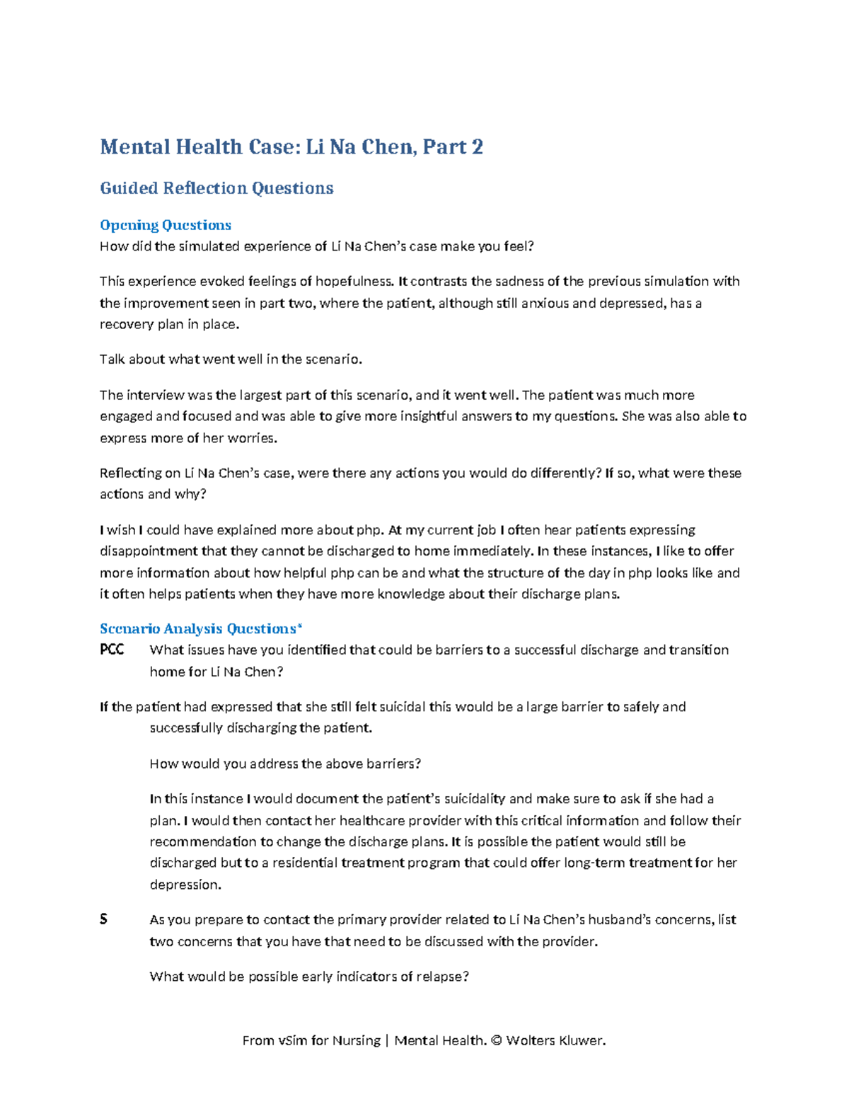 Li Na Chen Mental Health Case Study Reflection - VSim2 - Studocu