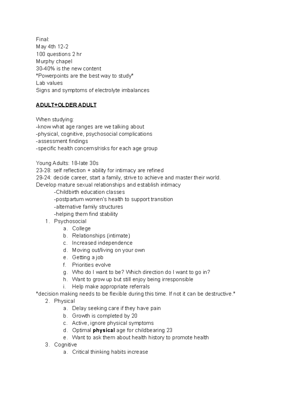 NUR 300 Final Exam Study Guide: Adult & Older Adult Development - Studocu