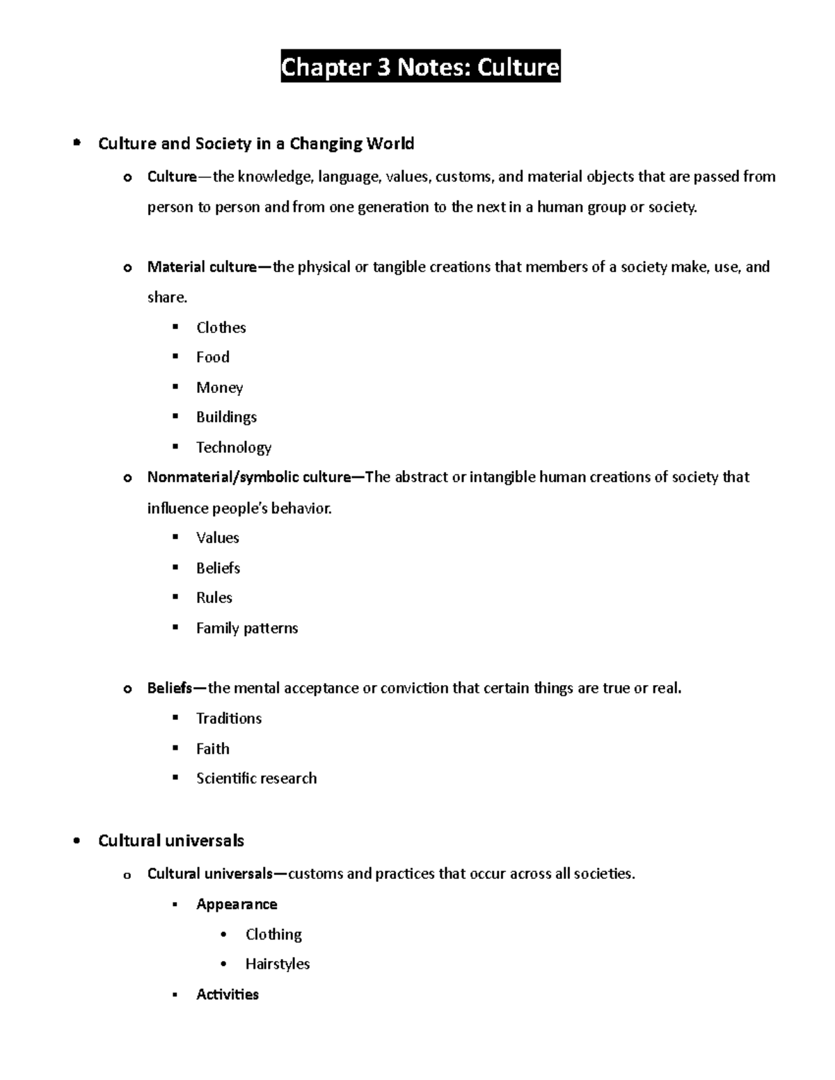 Sociology 101: Chapter 3 Culture Notes from "Sociology in Our Times ...