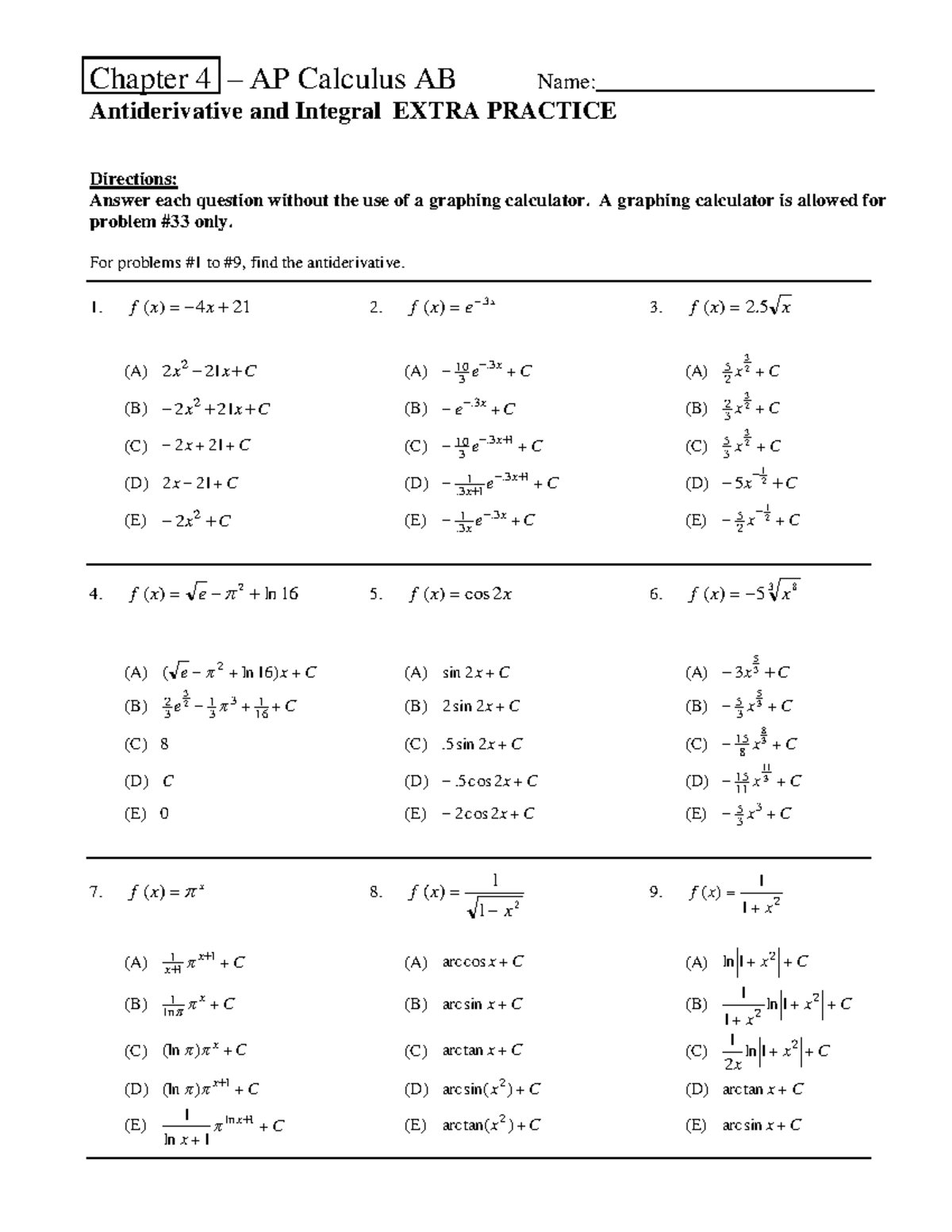 Chapter 4 - AP Calculus AB: Antiderivative & Integral Extra Practice ...