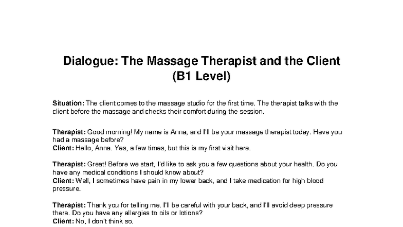 B1 Level Dialogue: Massage Therapist & Client Interaction - Studocu