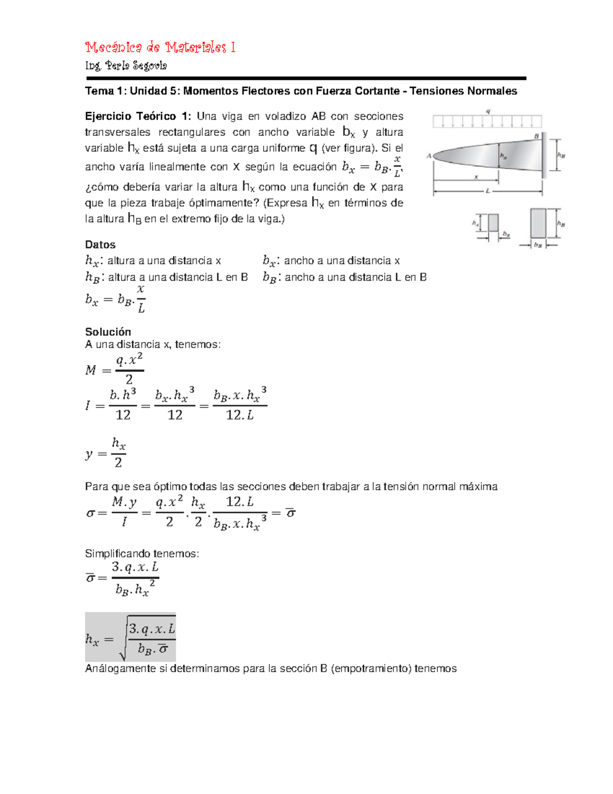 Tema 1 - Ejercicios Teóricos - Flexión y Tensiones Normales en Vigas - Studocu