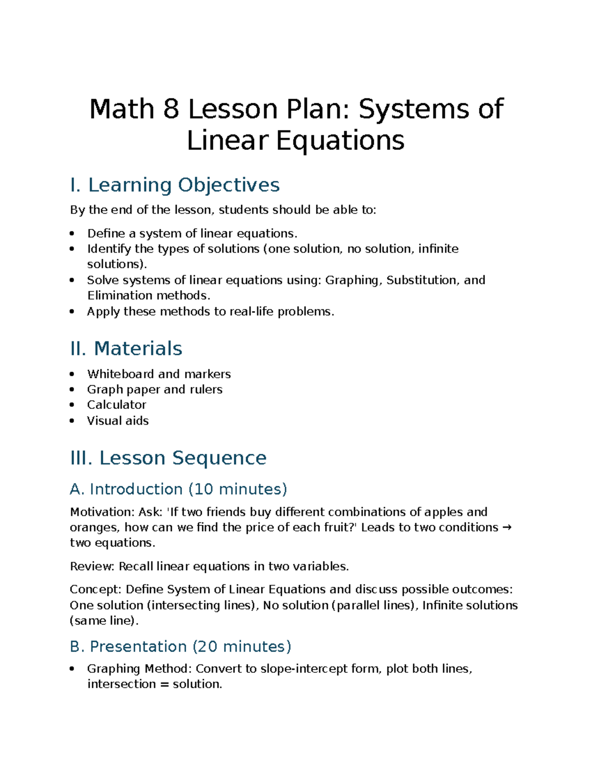 Math 8 Lesson Plan: Systems of Linear Equations Overview - Studocu