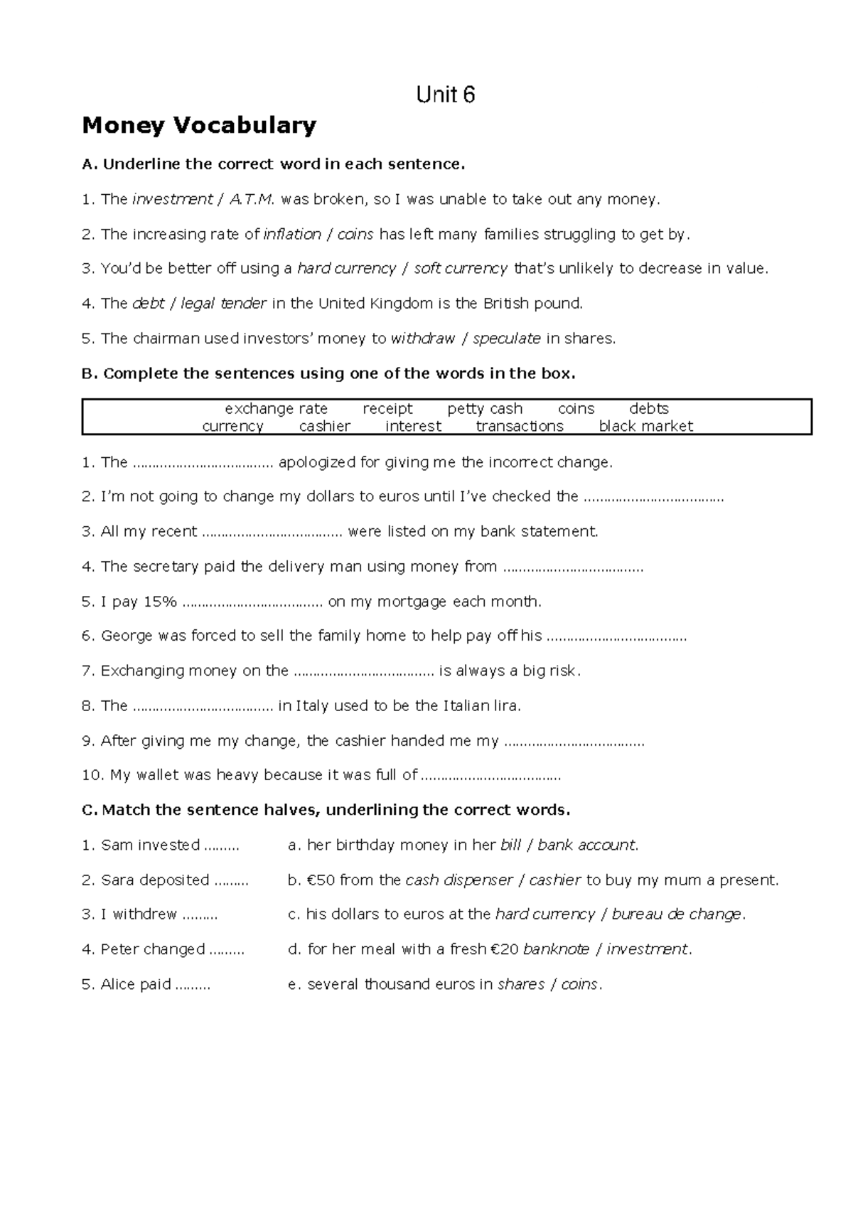 Unit 6 - Money Vocabulary Exercises (nn2) - Studocu