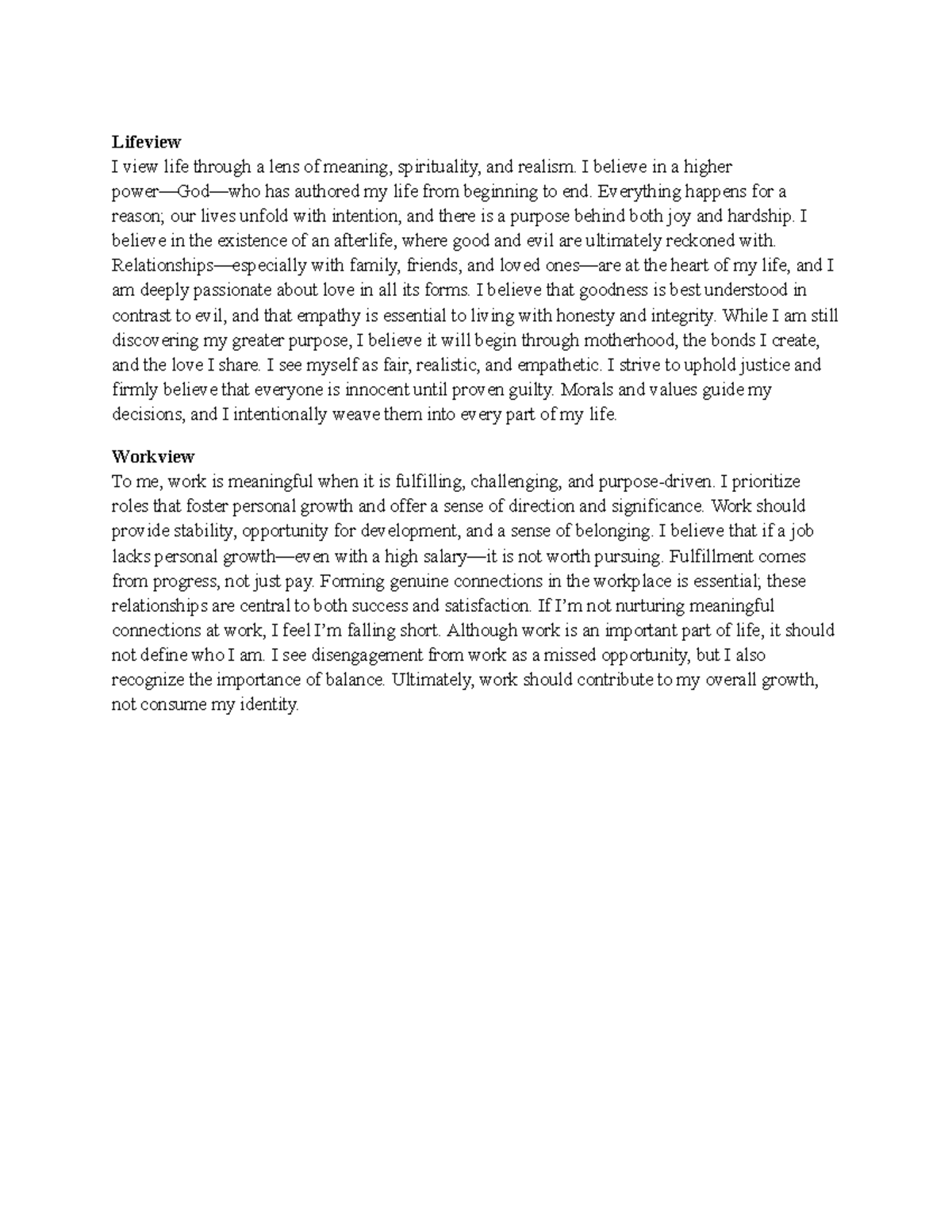 Lifeview and Workview: Exploring Meaning, Purpose, and Balance - Studocu
