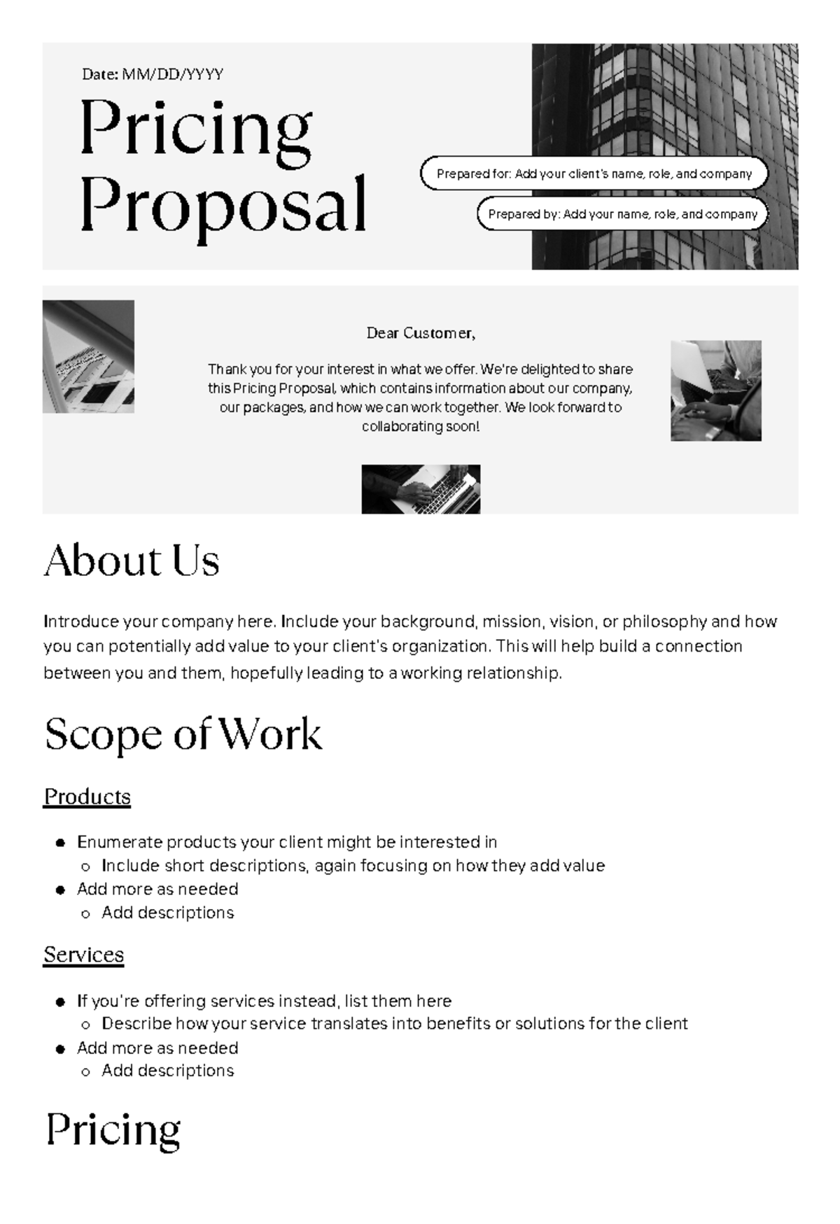Pricing Proposal Template for Professional Services in Monochrome Style ...