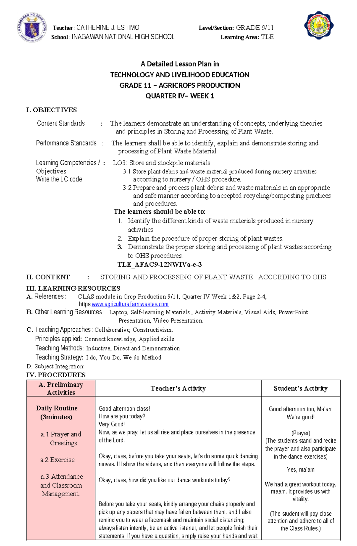 COT 1 - Detailed Lesson Plan for AGRI 11: Composting & Plant Waste ...