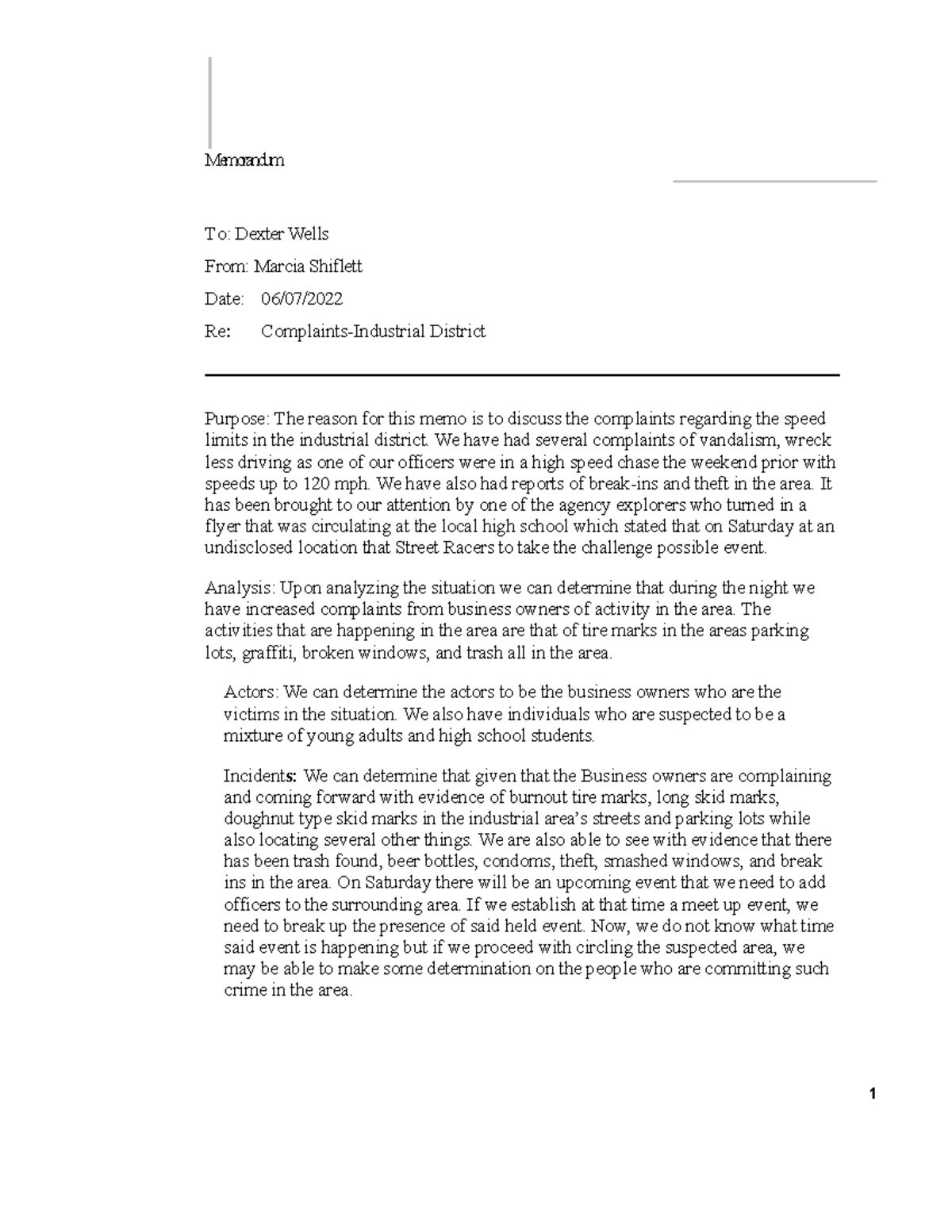 Cjus 300: Industrial District Complaints Analysis & Response Memo - Studocu
