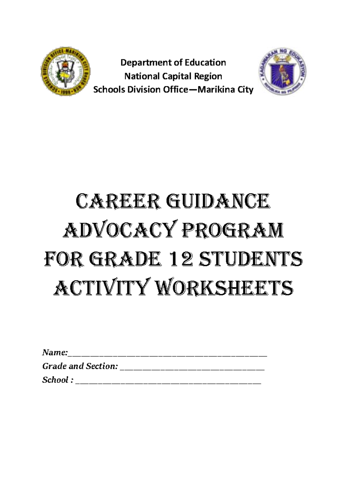 Grade 12 Career Guidance Advocacy Program Activity Worksheets - Studocu