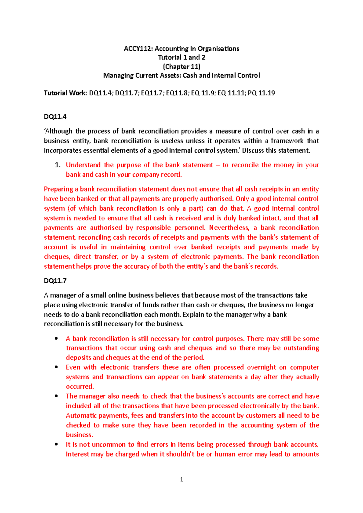 Tutorial 1 and 2 Answers - ACCY112: Accounting In Organisations ...