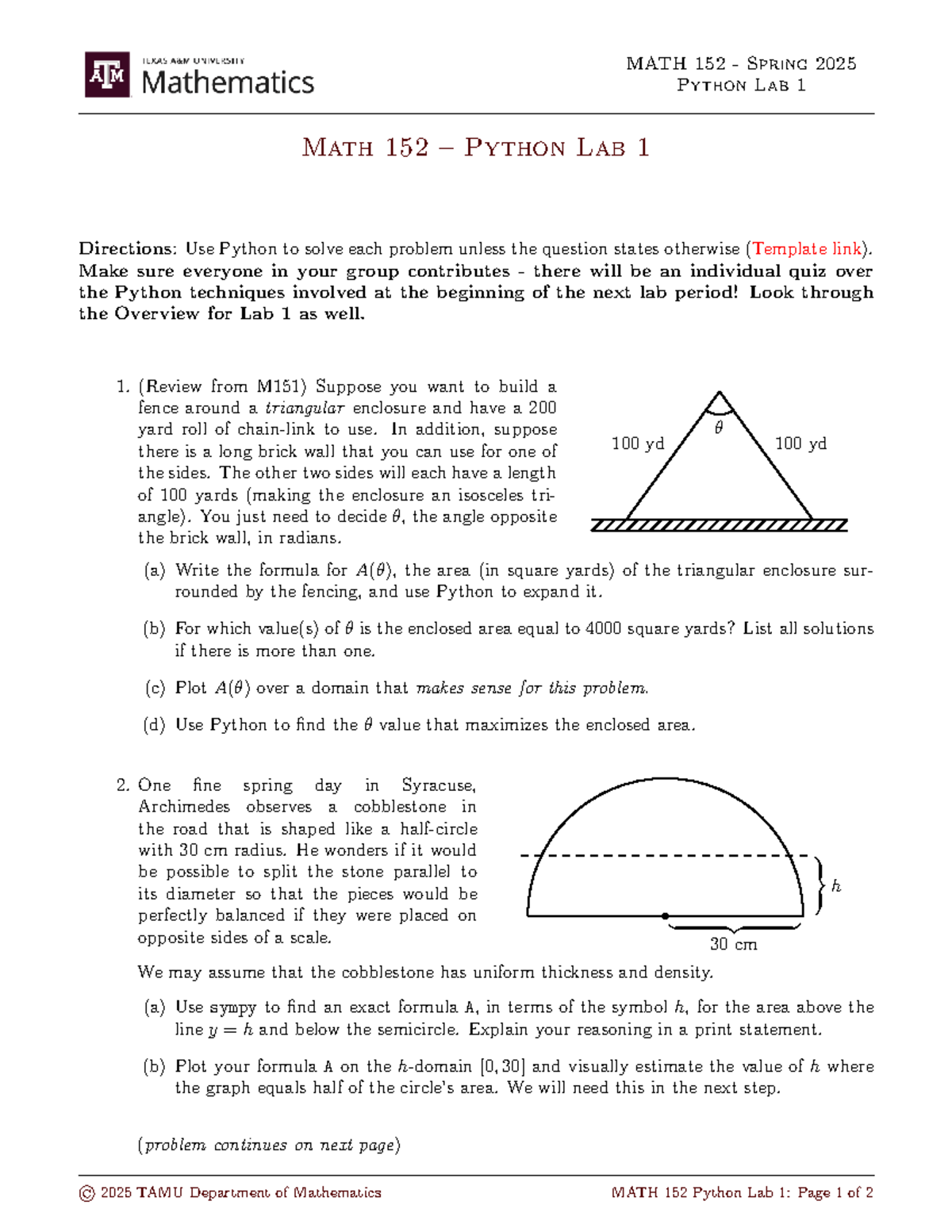 MATH 152 Spring 2025 Python Lab 1: Area Calculations and Plots - Studocu