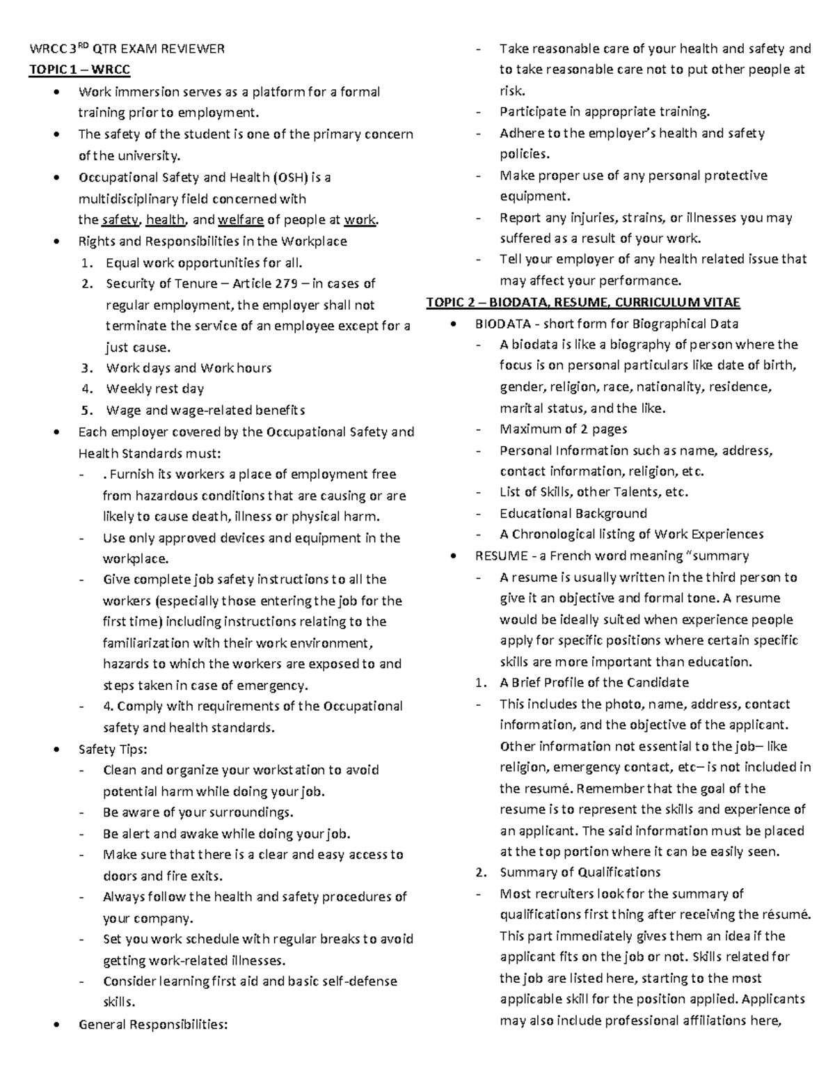 WRCC 3RD QTR EXAM REVIEWER: Health, Safety, and Employment Essentials ...