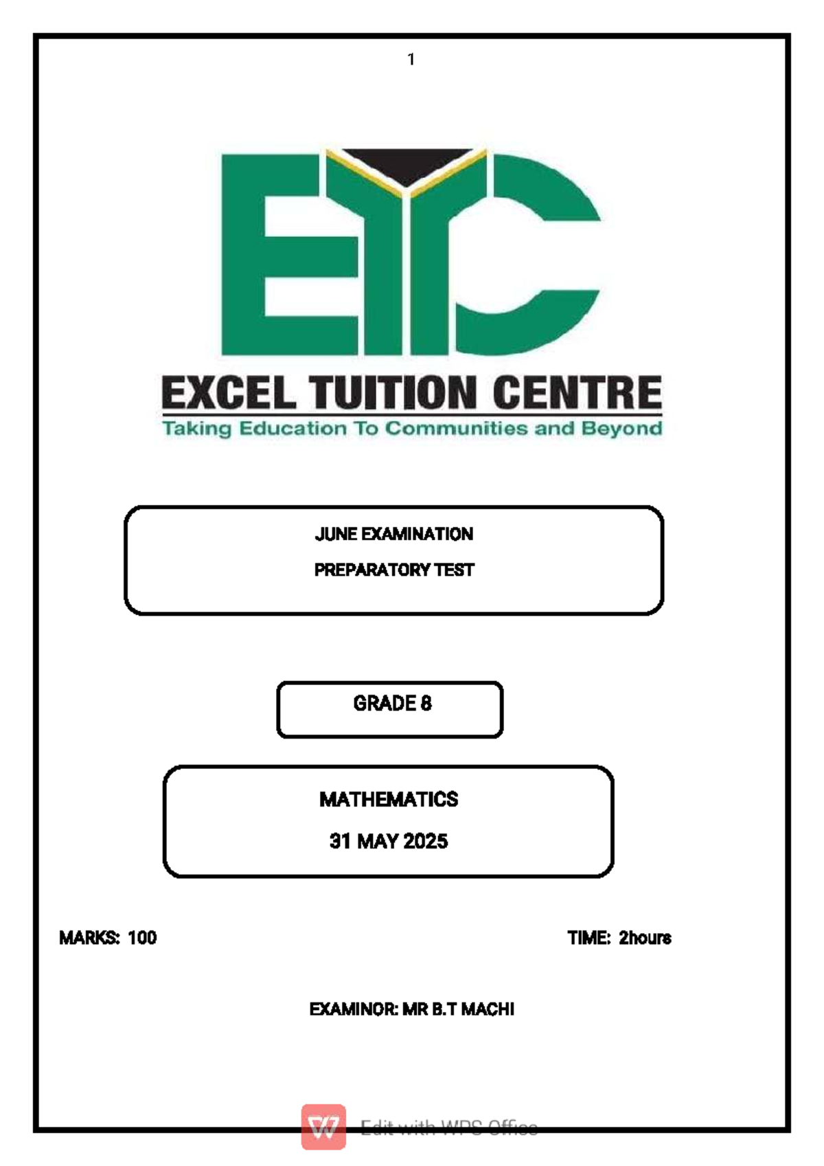 Grade 8 MATH June Exam Prep Test - 31 May 2025 - Studocu