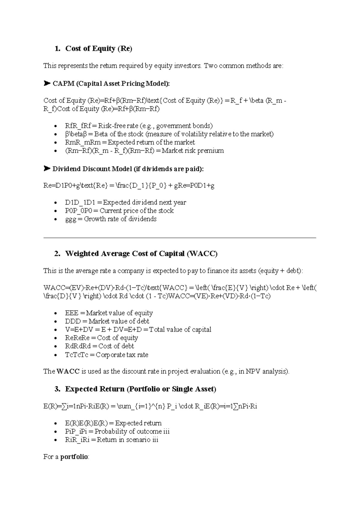 Cost of Equity & WACC Formulas - Finance 101 Notes - Studocu