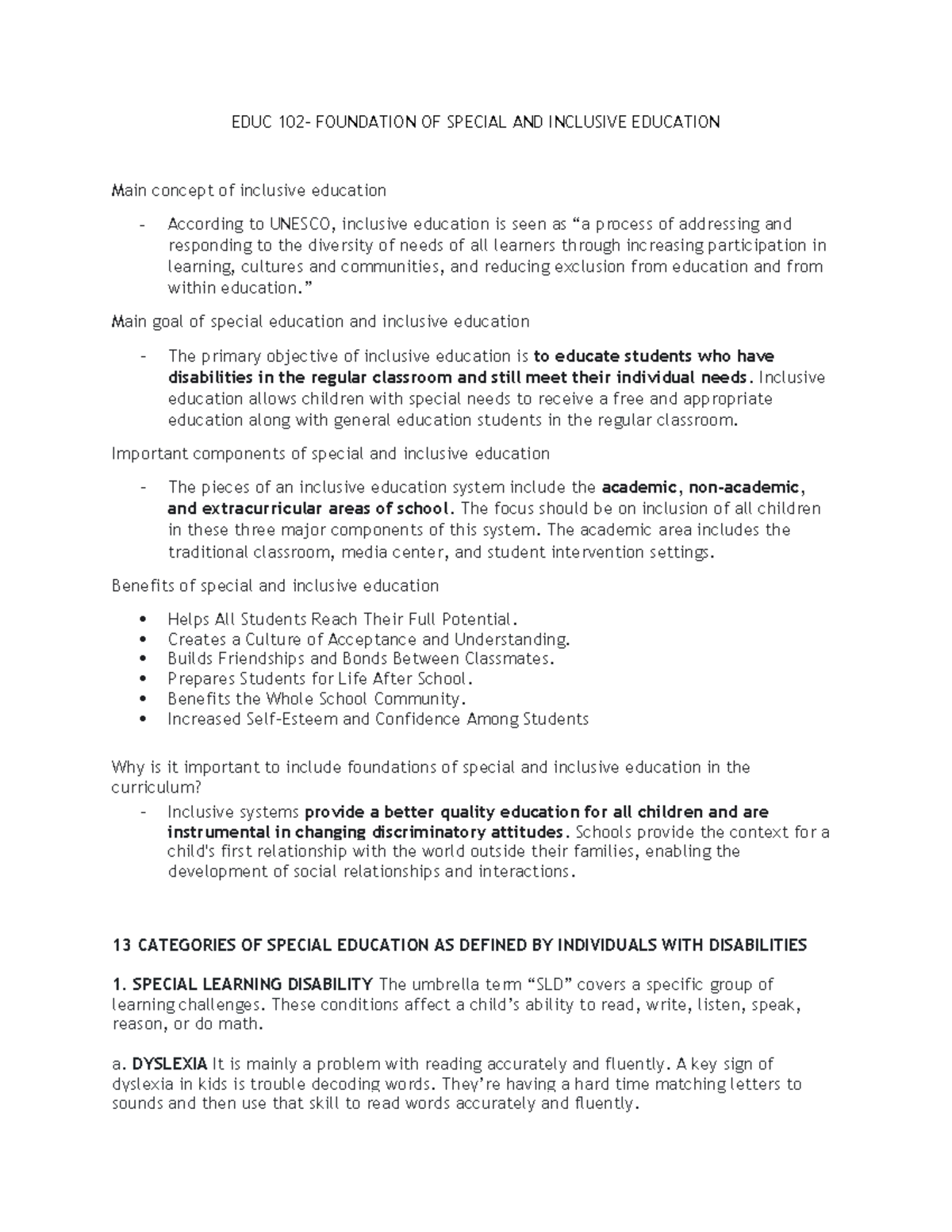 EDUC-102: Foundations of Special & Inclusive Education Overview - Studocu