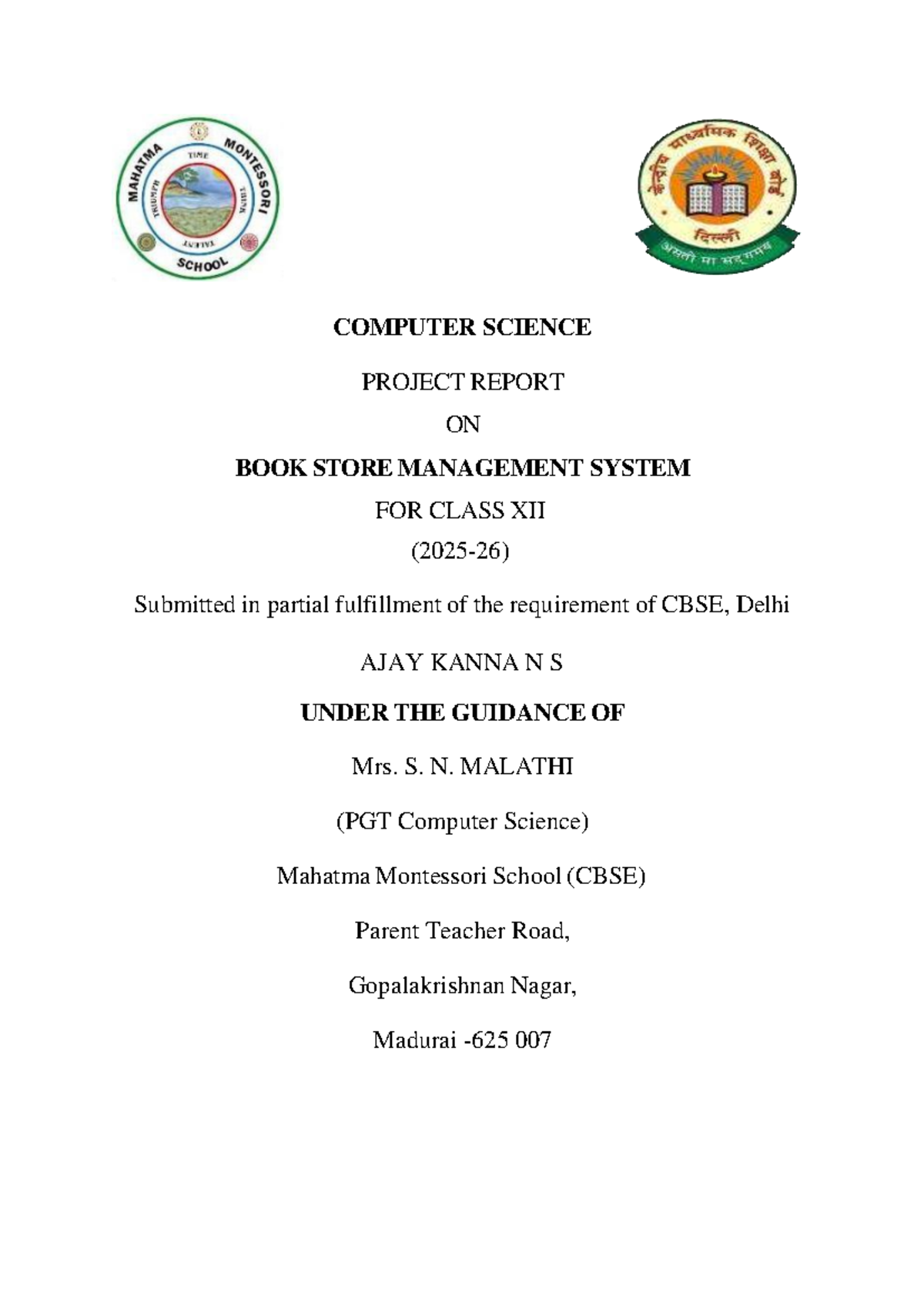 CS Project Report: Book Store Management System for Class XII - Studocu