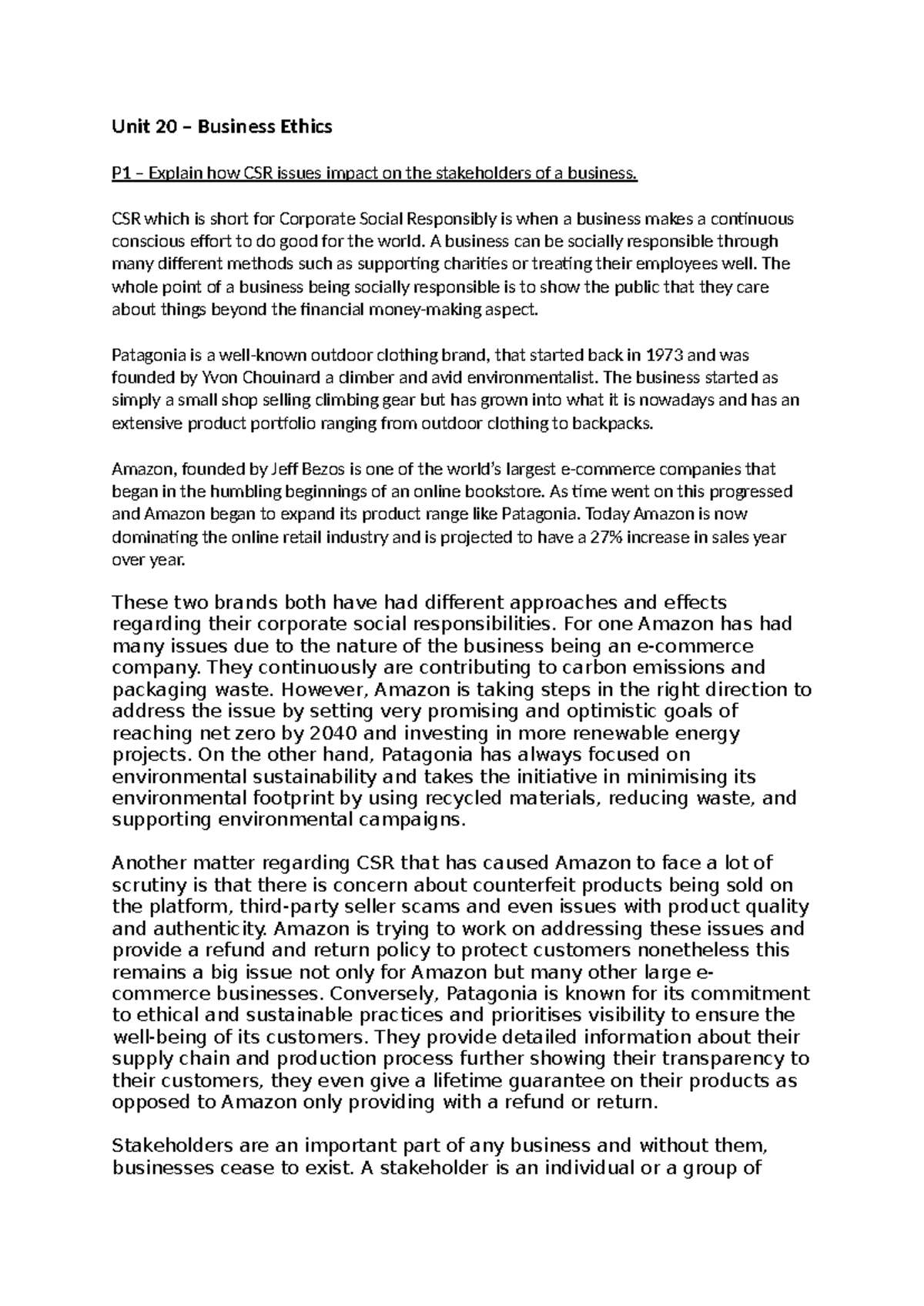 Unit 20 - BTEC Business Ethics: CSR Impact on Stakeholders and ...