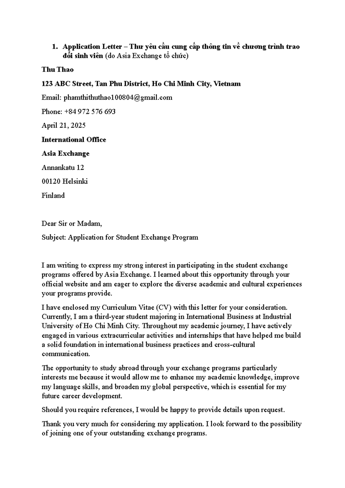 Application Letter for Student Exchange Program - HA HÂH JAA - Studocu